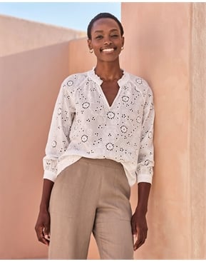 White | Notch Neck Broderie Blouse | Pure Collection
