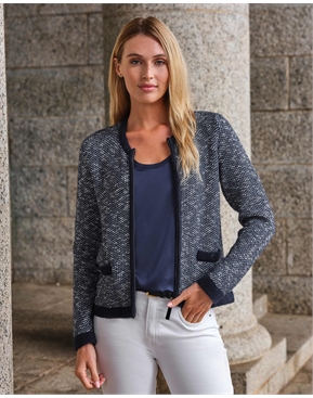 Navy | Cotton Wool Tweedy Zip Jacket | Pure Collection