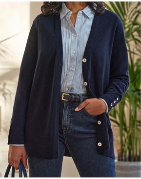 Navy | Cashmere Button Sleeve Boyfriend Cardigan | Pure Collection