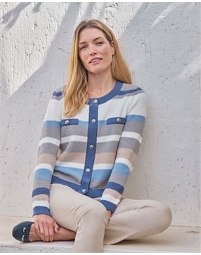 Blue Multi | Cotton Striped Textured Crew Cardigan | Pure Collection