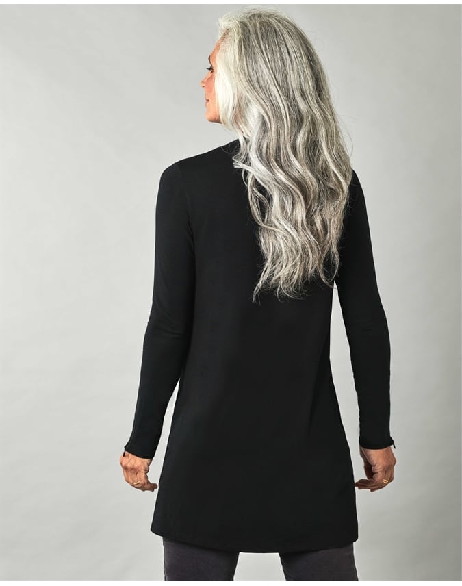 Black | Jersey V Neck Tunic With Zip Cuffs | Pure Collection