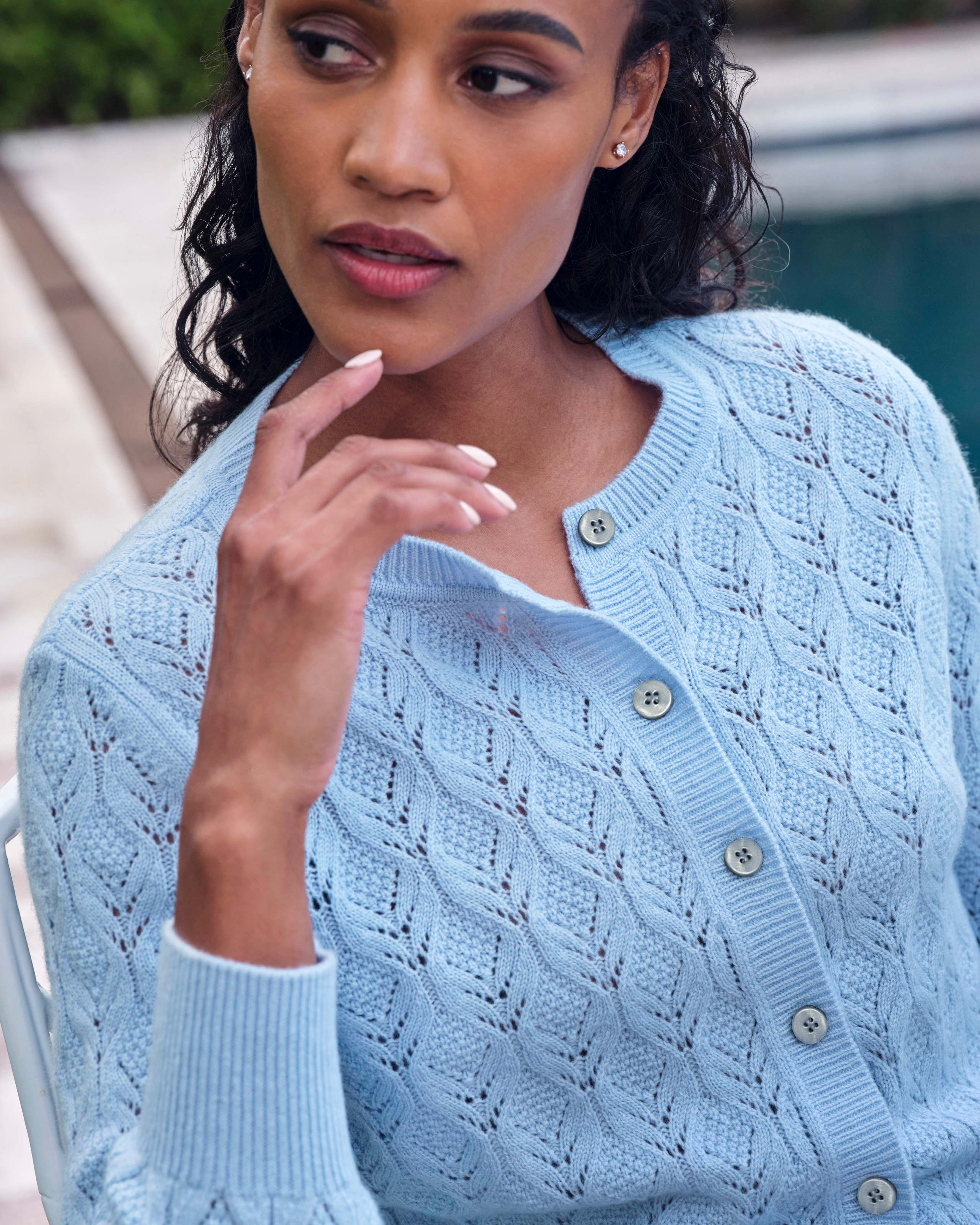 Powder Blue | Wool Cashmere Lacy Crew Cardigan | Pure Collection