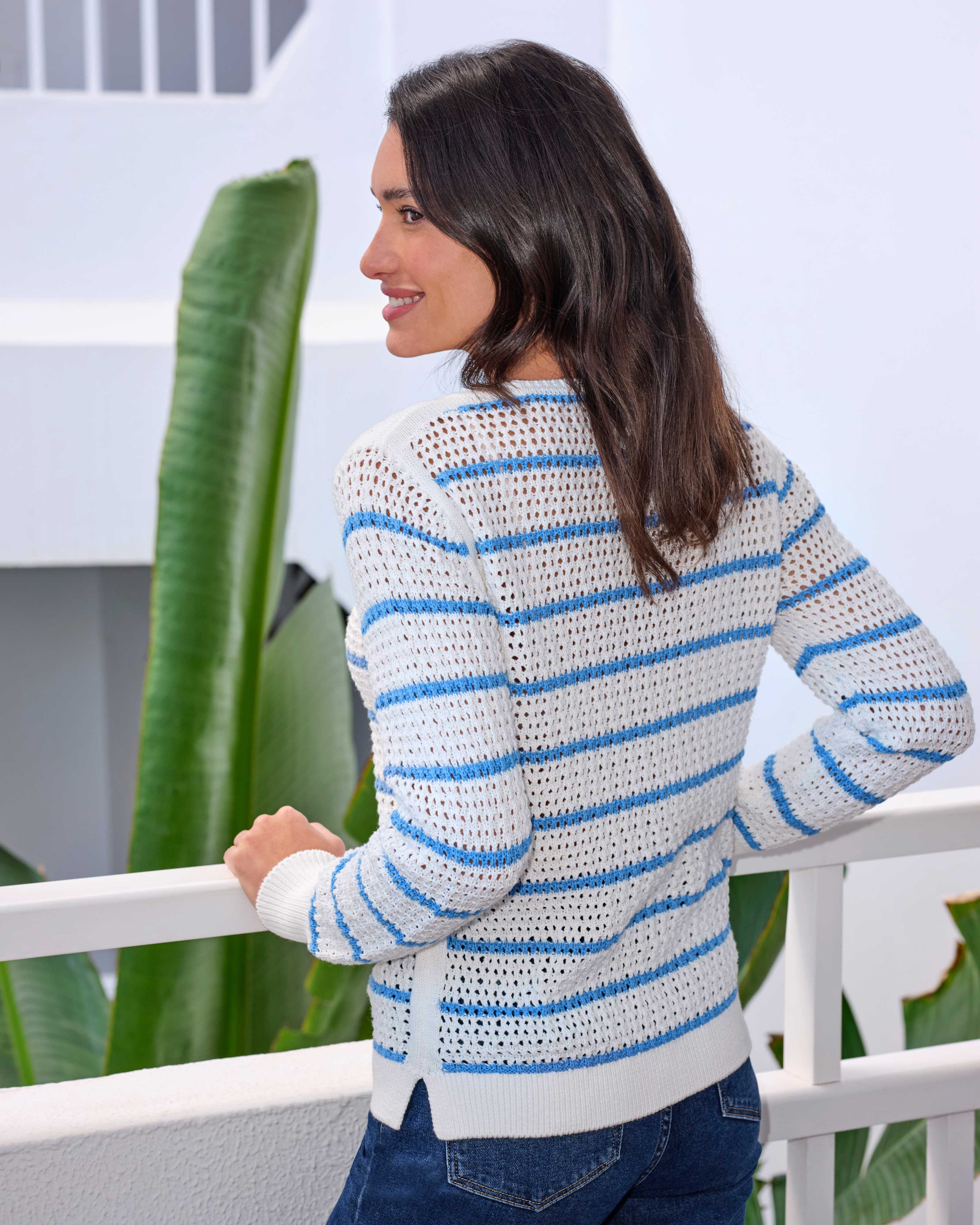 Blue/White | Organic Cotton Mesh Stripe Sweater | Pure Collection
