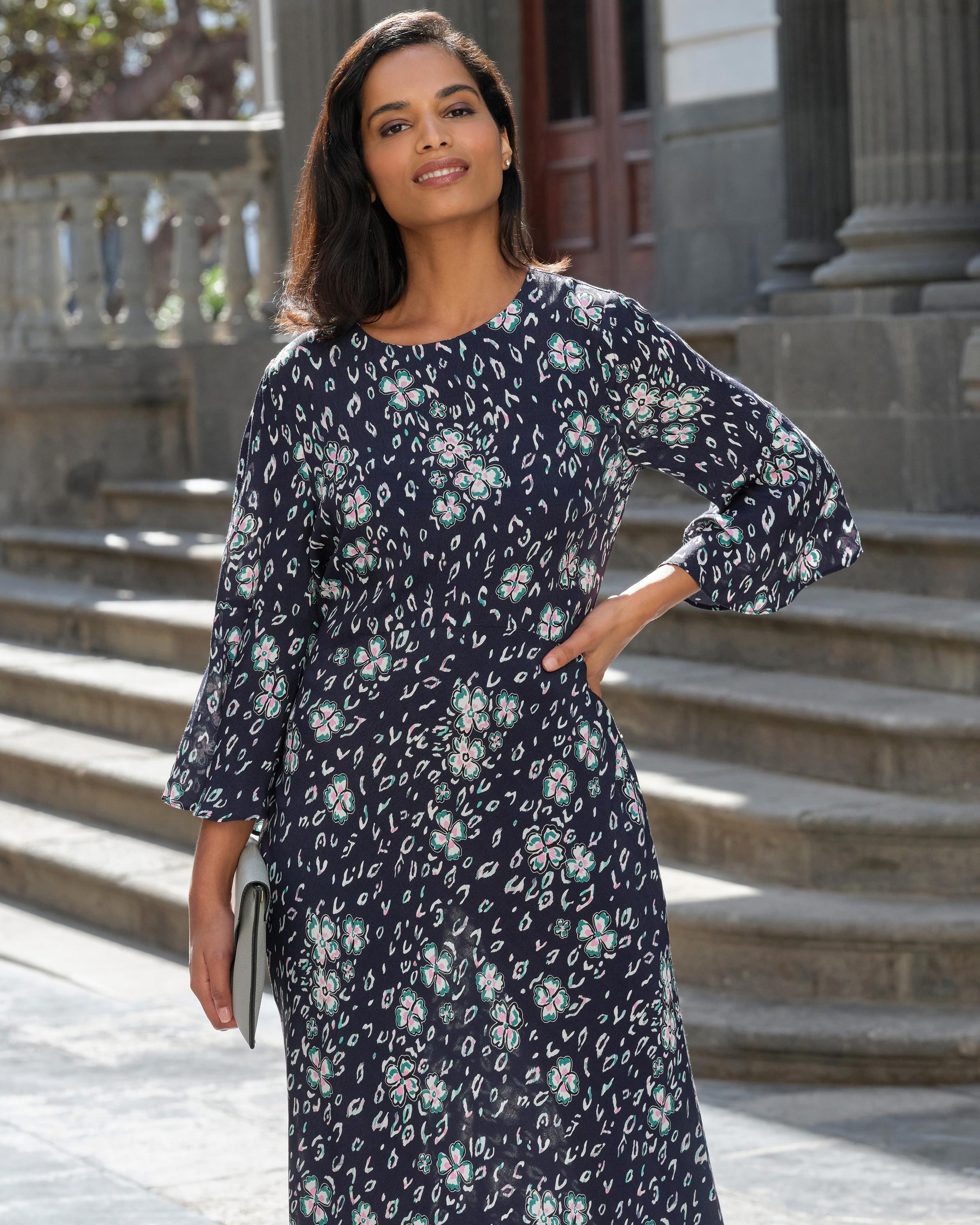 Animal Floral | Fluted Sleeve Midi Dress | Pure Collection