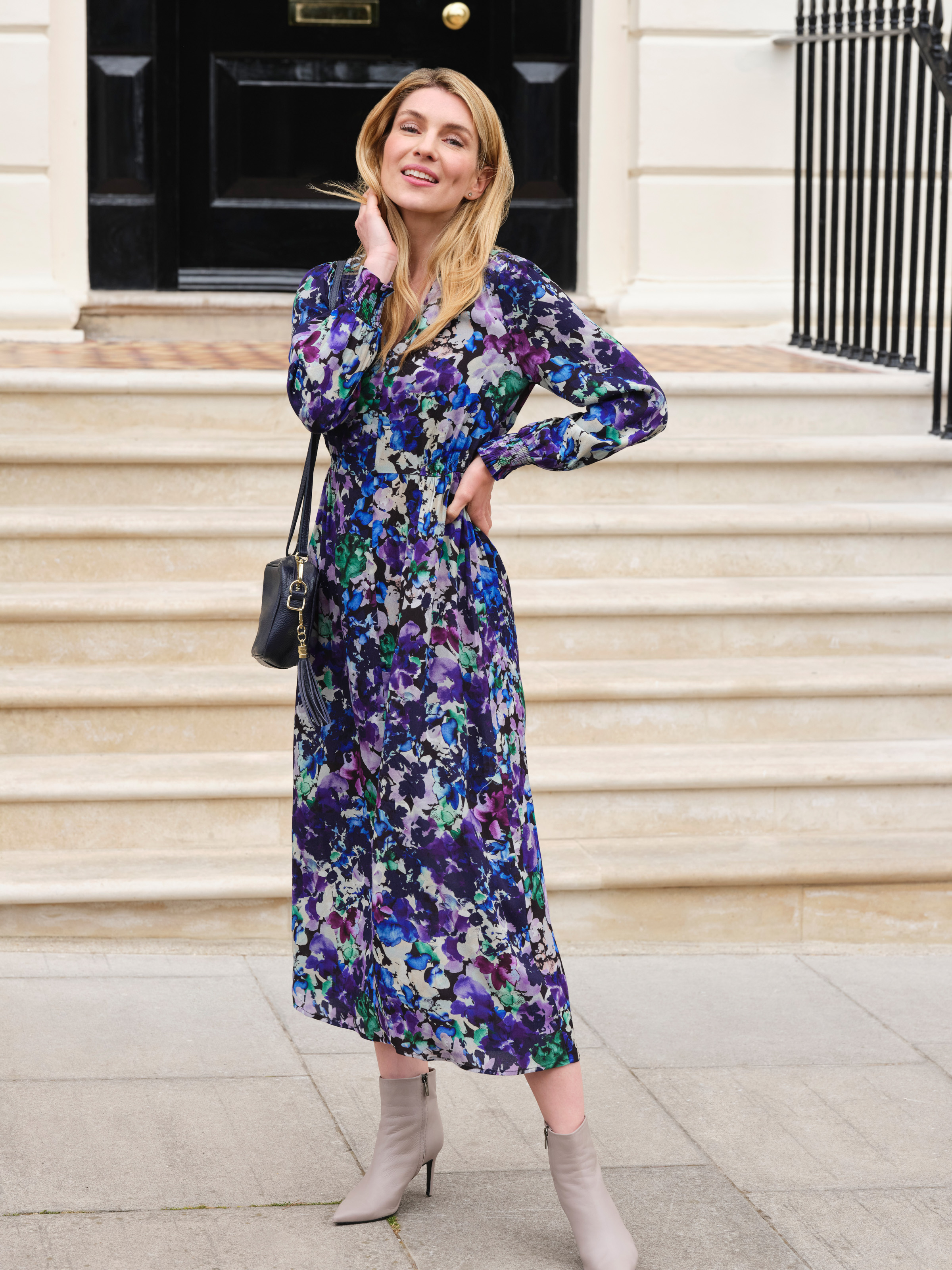 Bloom Print | Shirred Waist Midi Dress | Pure Collection