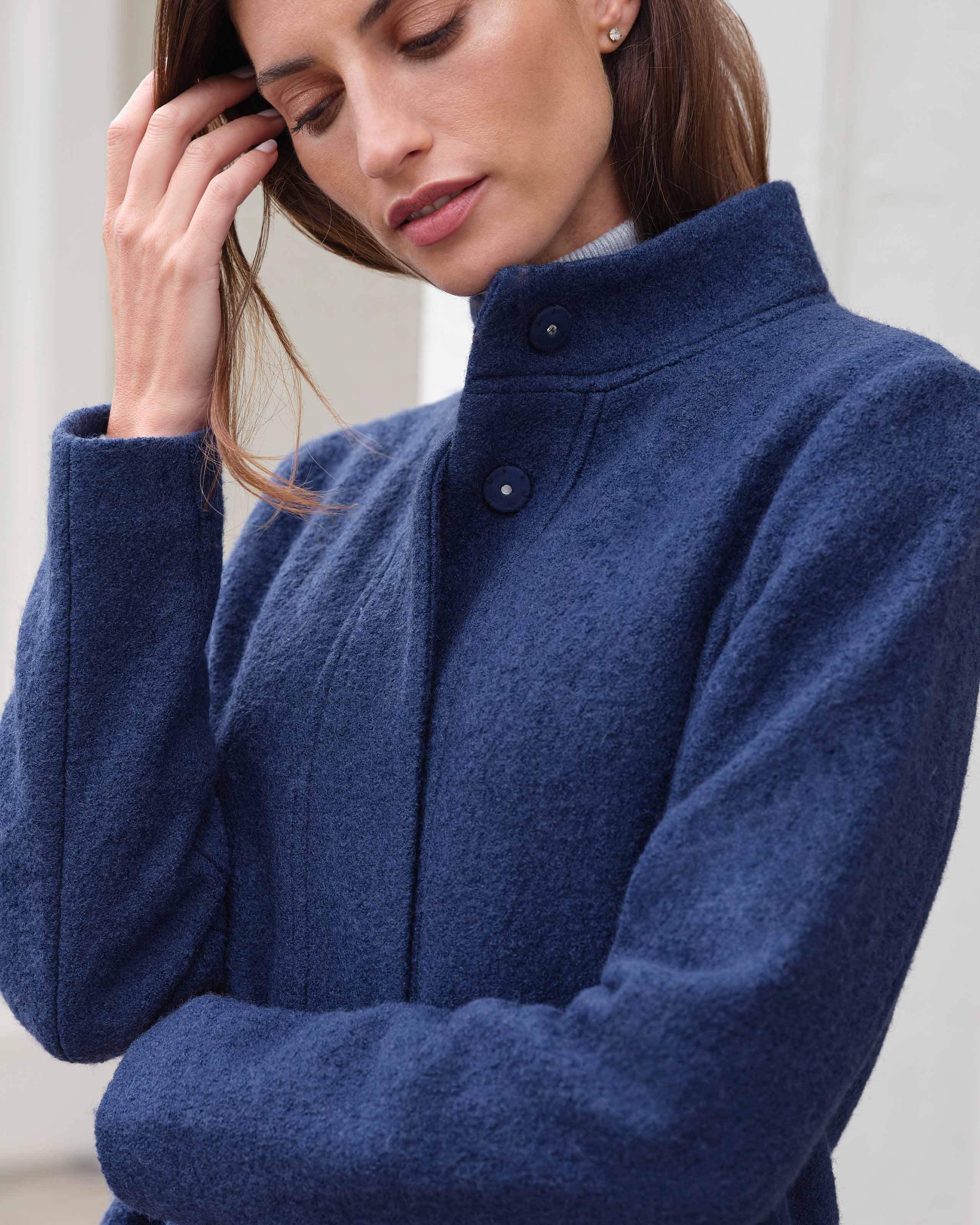 Cobalt | Boucle Wool Funnel Neck Coat | Pure Collection