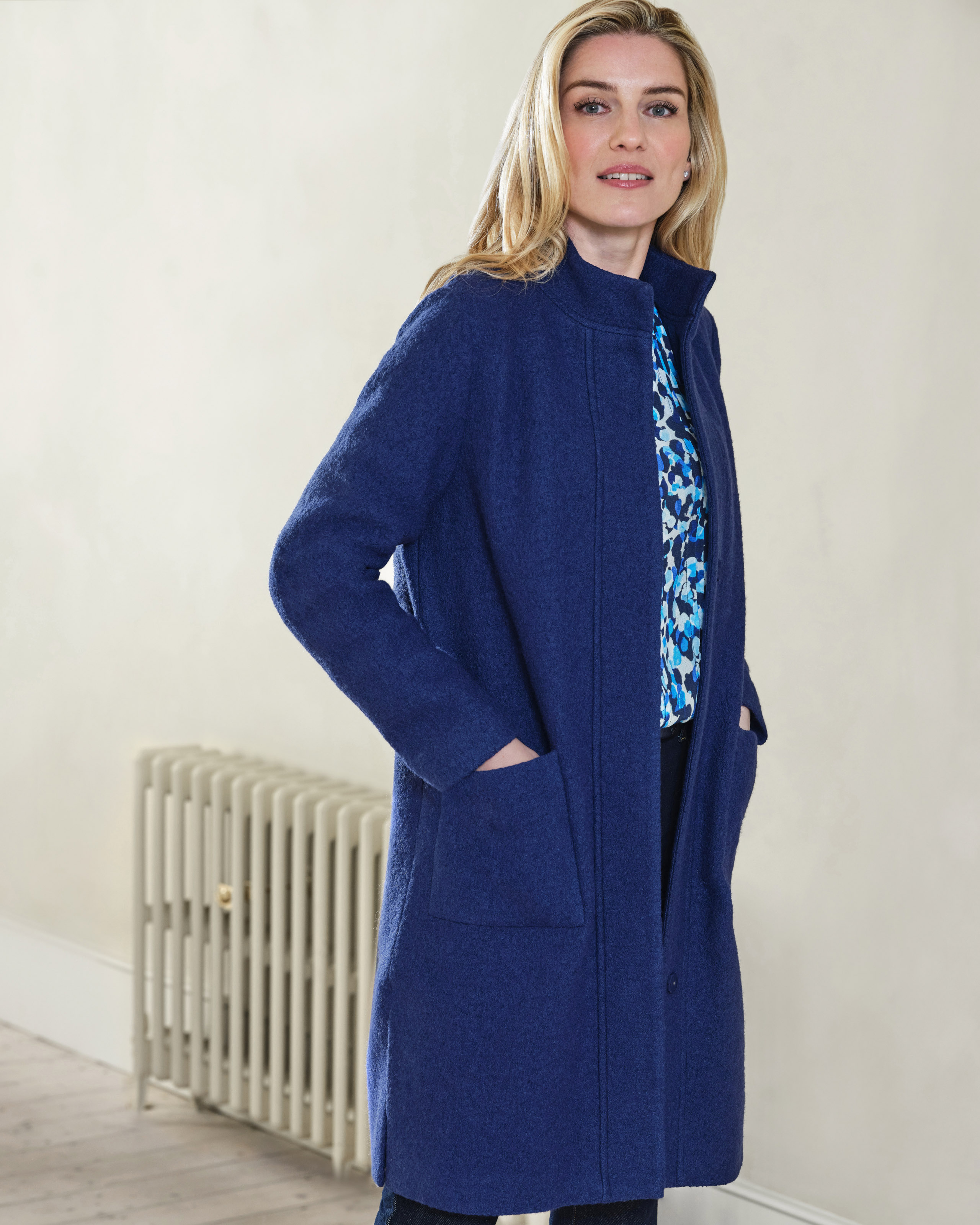 Cobalt | Boucle Wool Funnel Neck Coat | Pure Collection