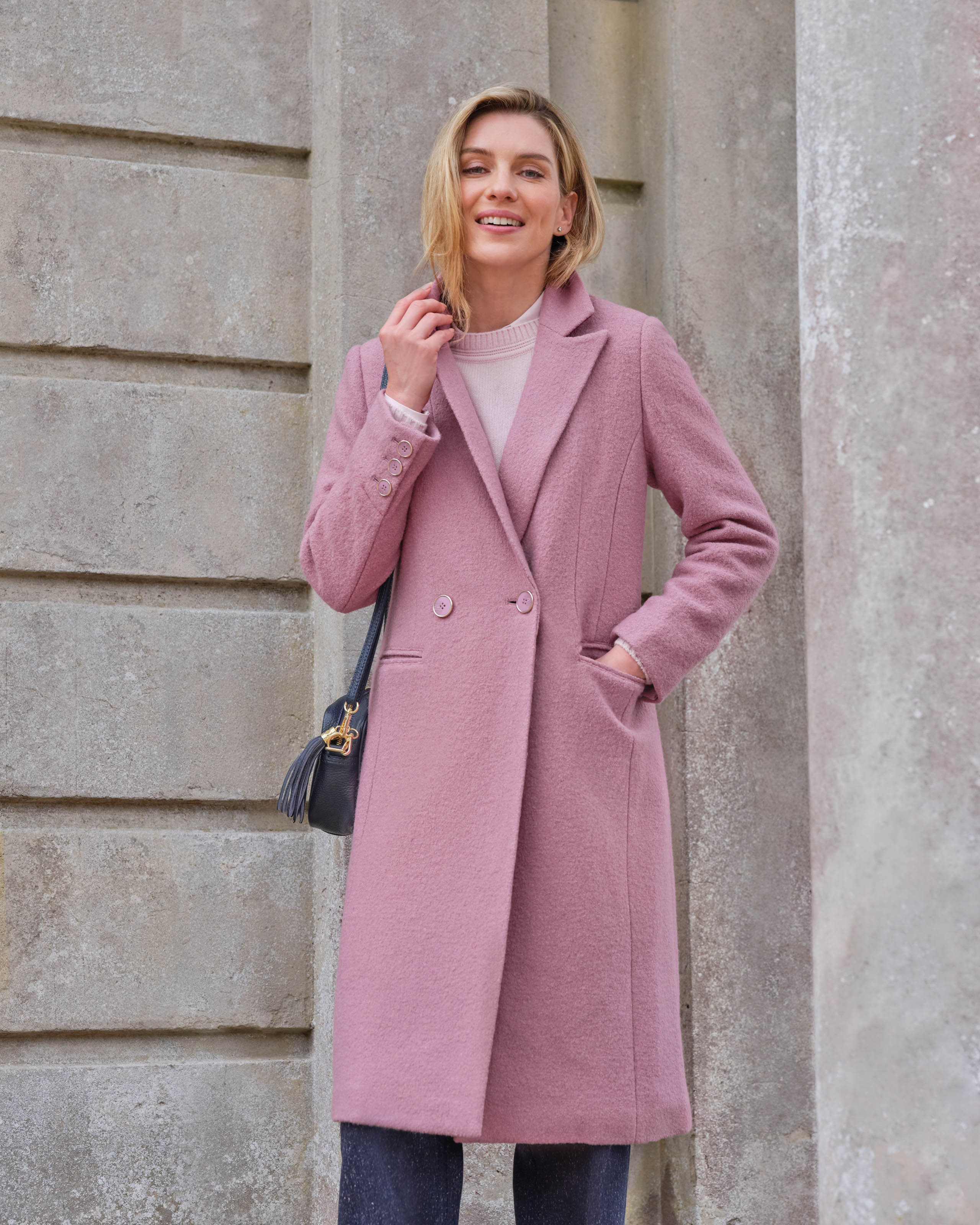 Soft Pink | Boucle Wool Double Breasted Coat | Pure Collection