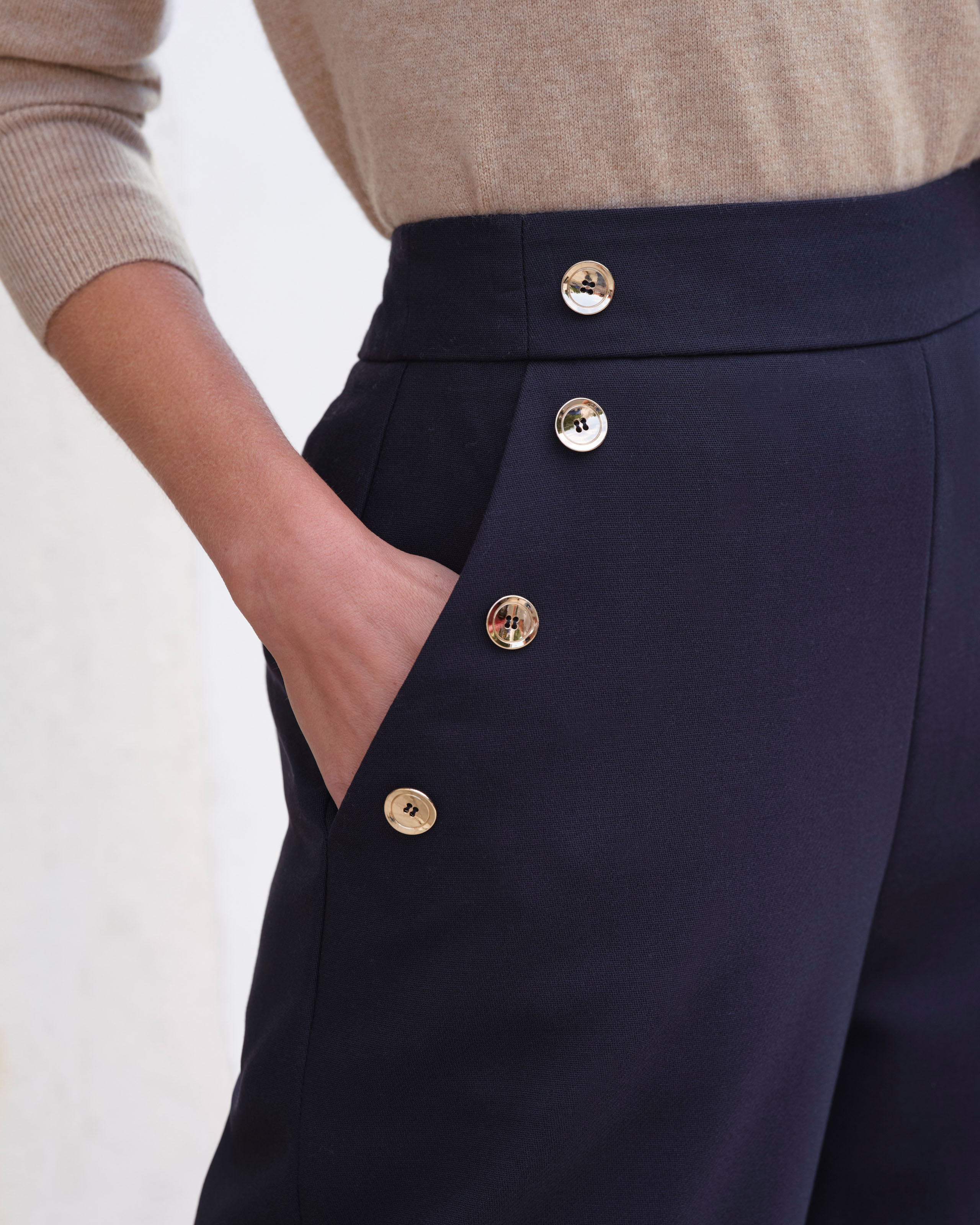Navy | Button Detail Straight Trousers | Pure Collection
