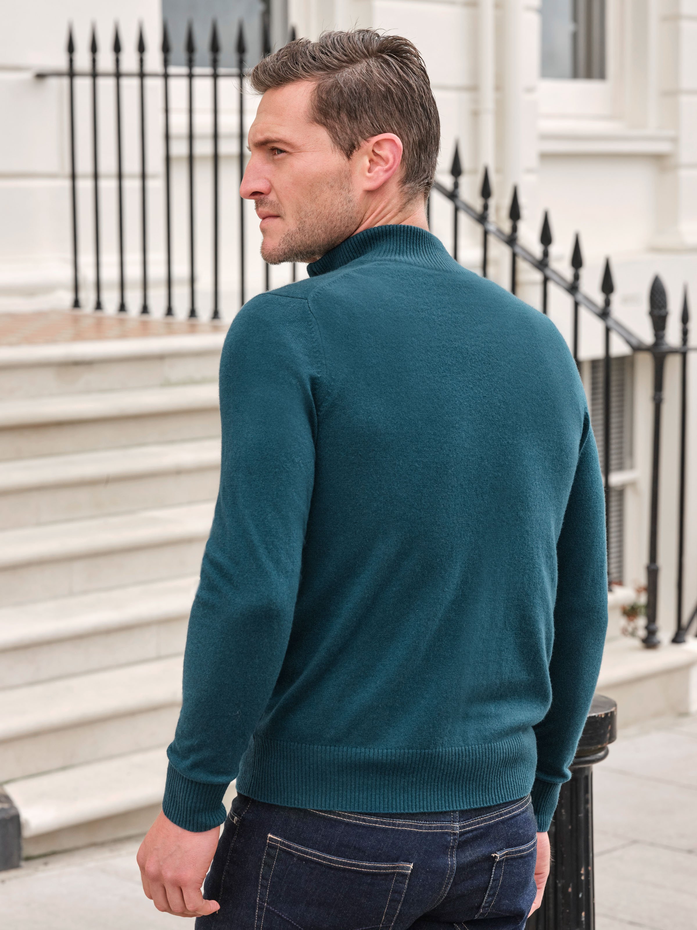 Deep Ocean | Mens Cashmere Zip Neck Sweater | Pure Collection