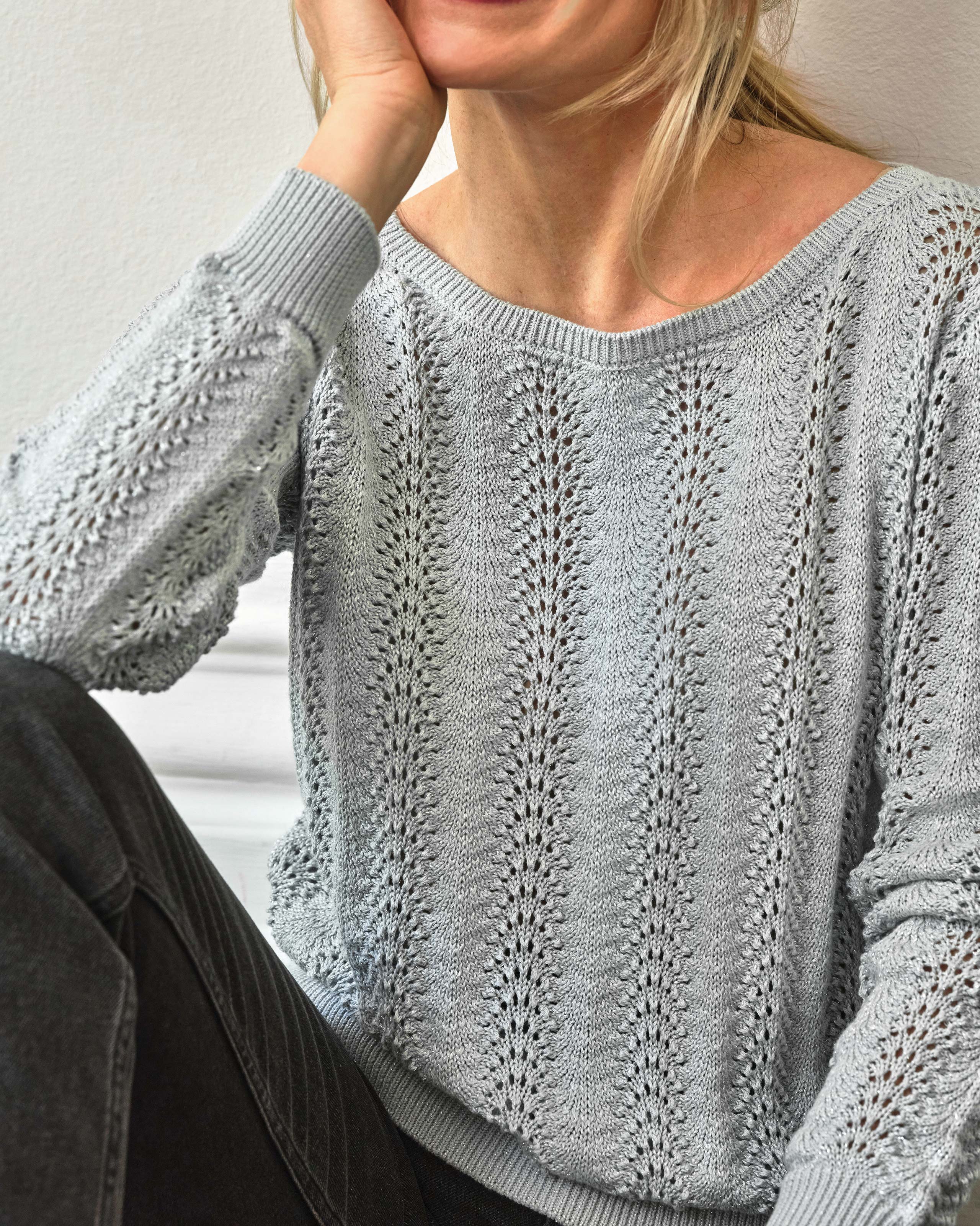Ice Blue | Cotton Sparkle Fan Stitch Jumper With Gross Grain Tie | Pure ...