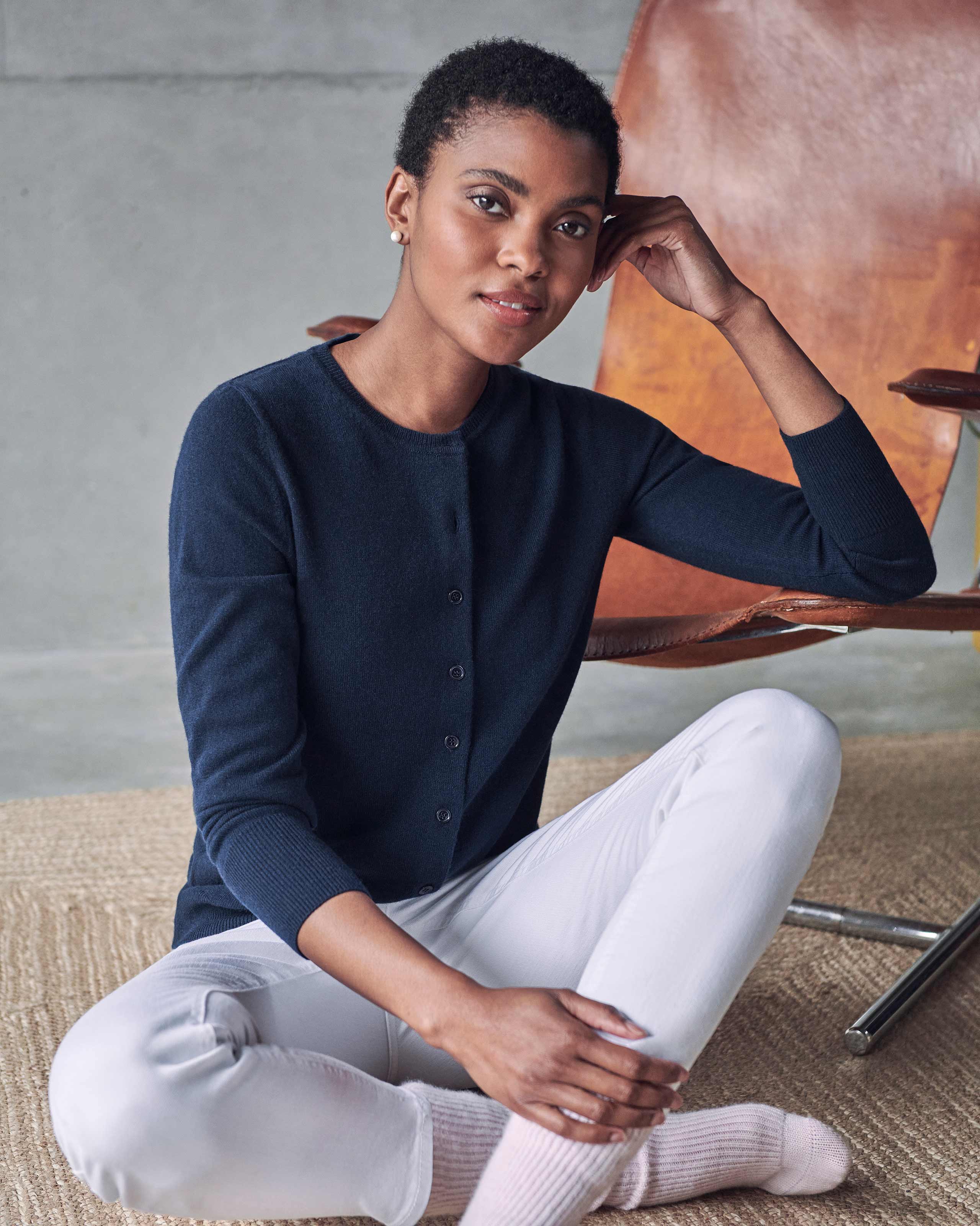 Navy | Cashmere Crew Neck Cardigan | Pure Collection