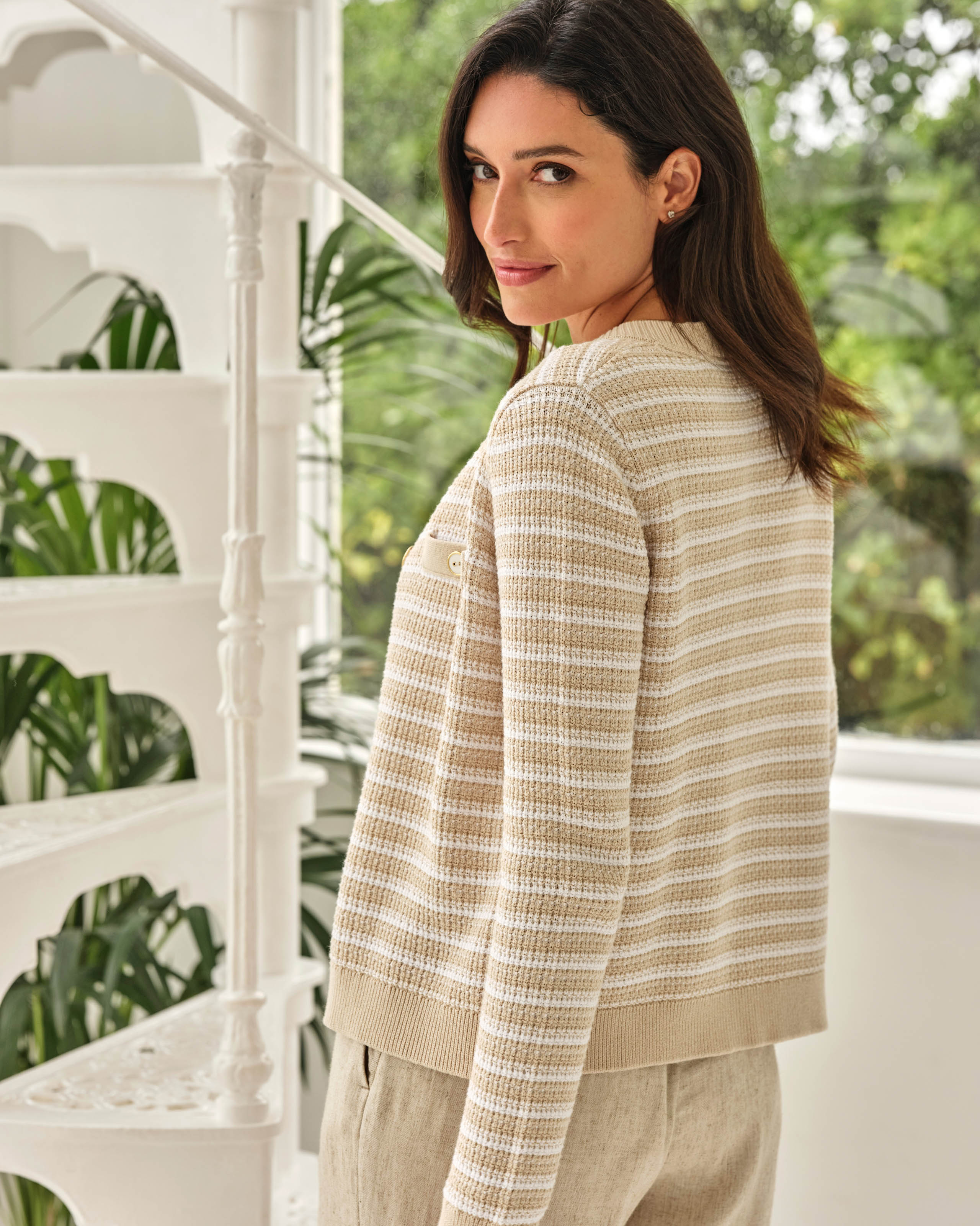 Neutral Stripe | Neutral Subtle Stripe Cotton Cardigan | Pure Collection