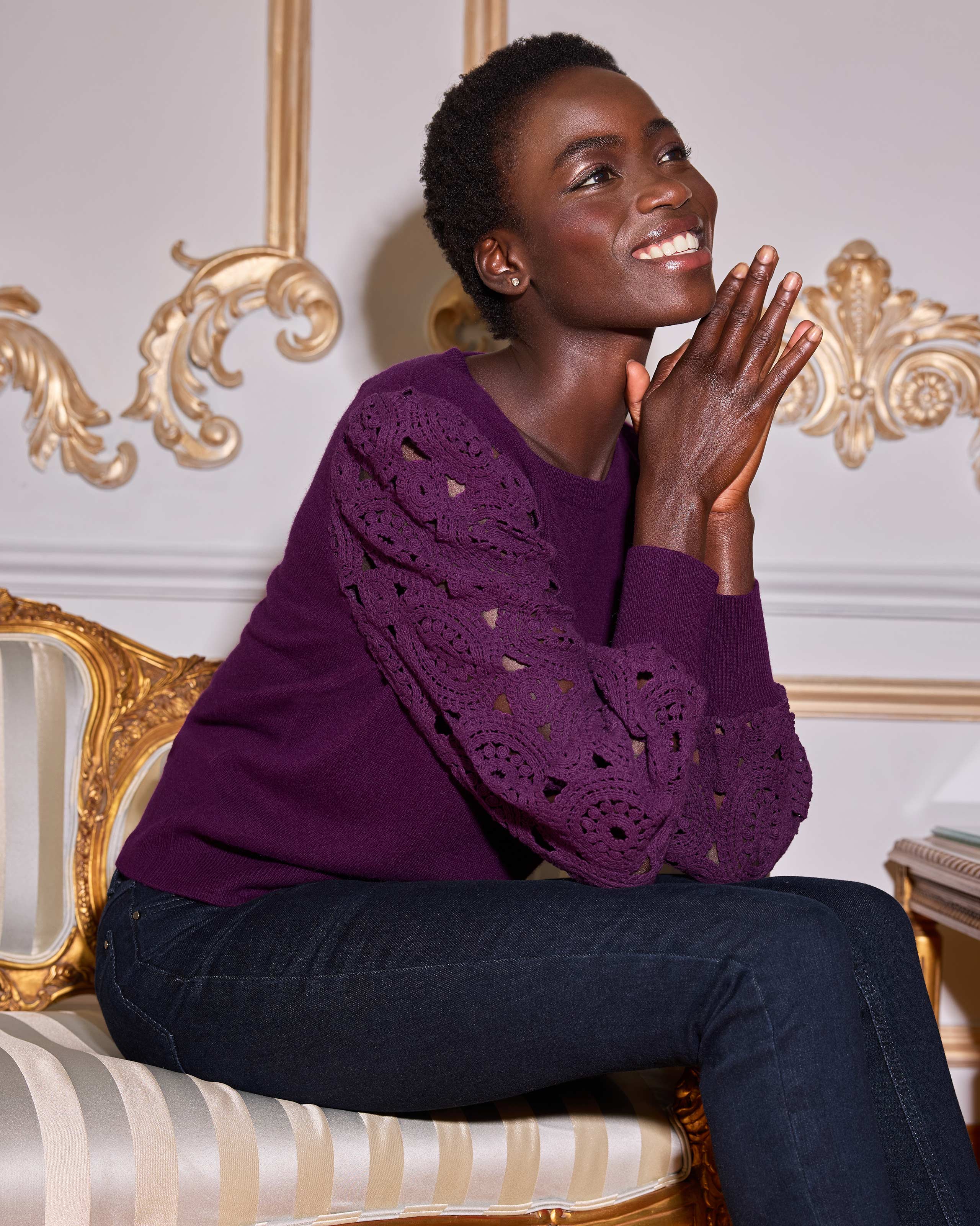 Blackcurrant | Statement Lace Sleeve Sweater | Pure Collection