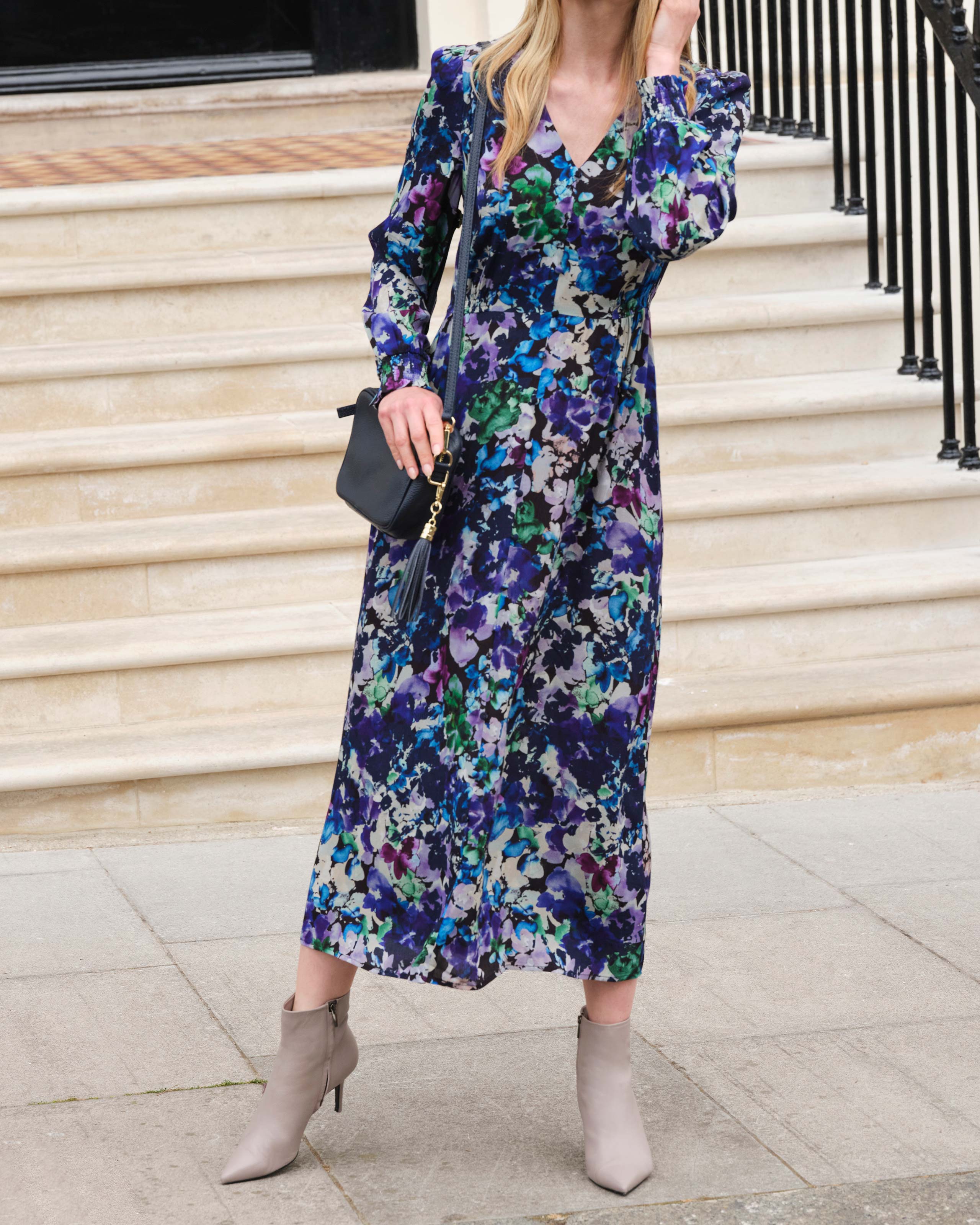 Bloom Print | Shirred Waist Midi Dress | Pure Collection