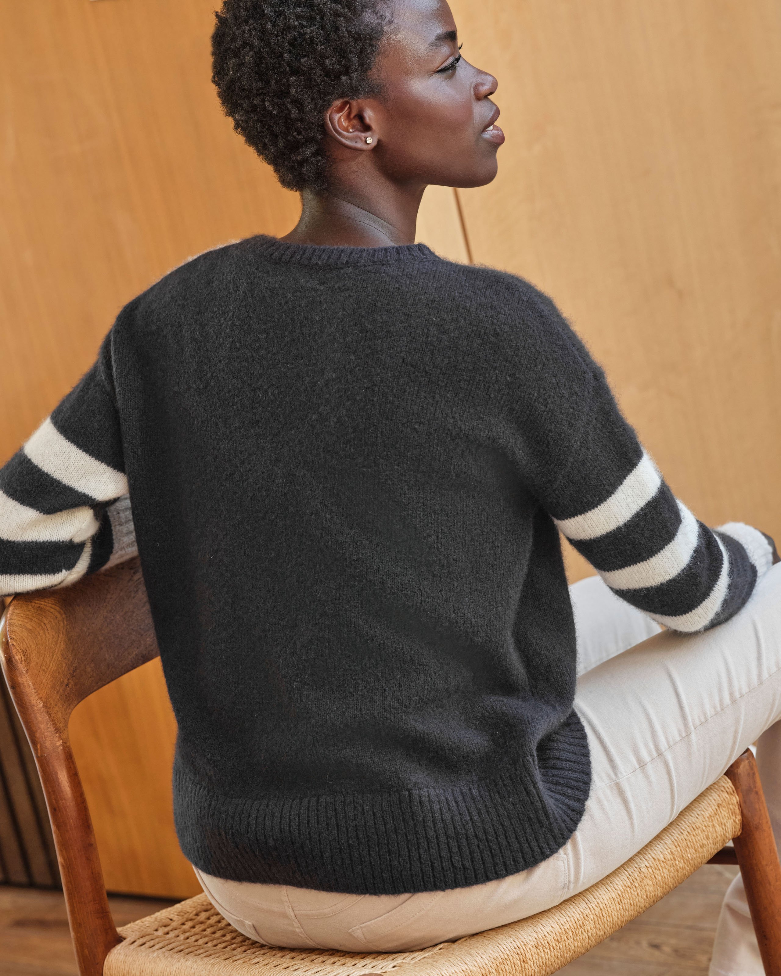 Neutral/Black | Wool Cashmere Fluffy Block Stripe Sweater | Pure Collection