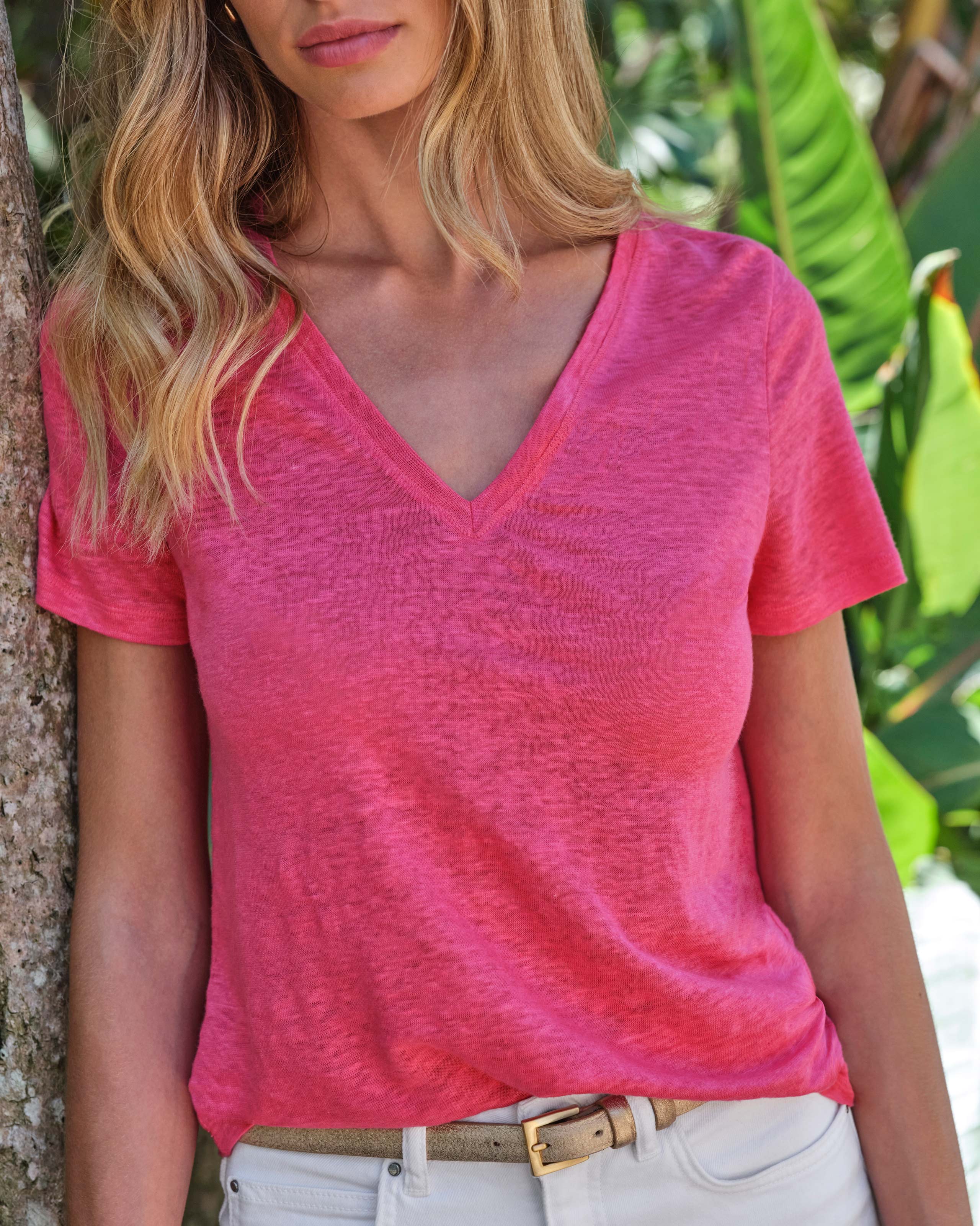 Hot Pink | Linen V Neck Short Sleeve T-Shirt | Pure Collection