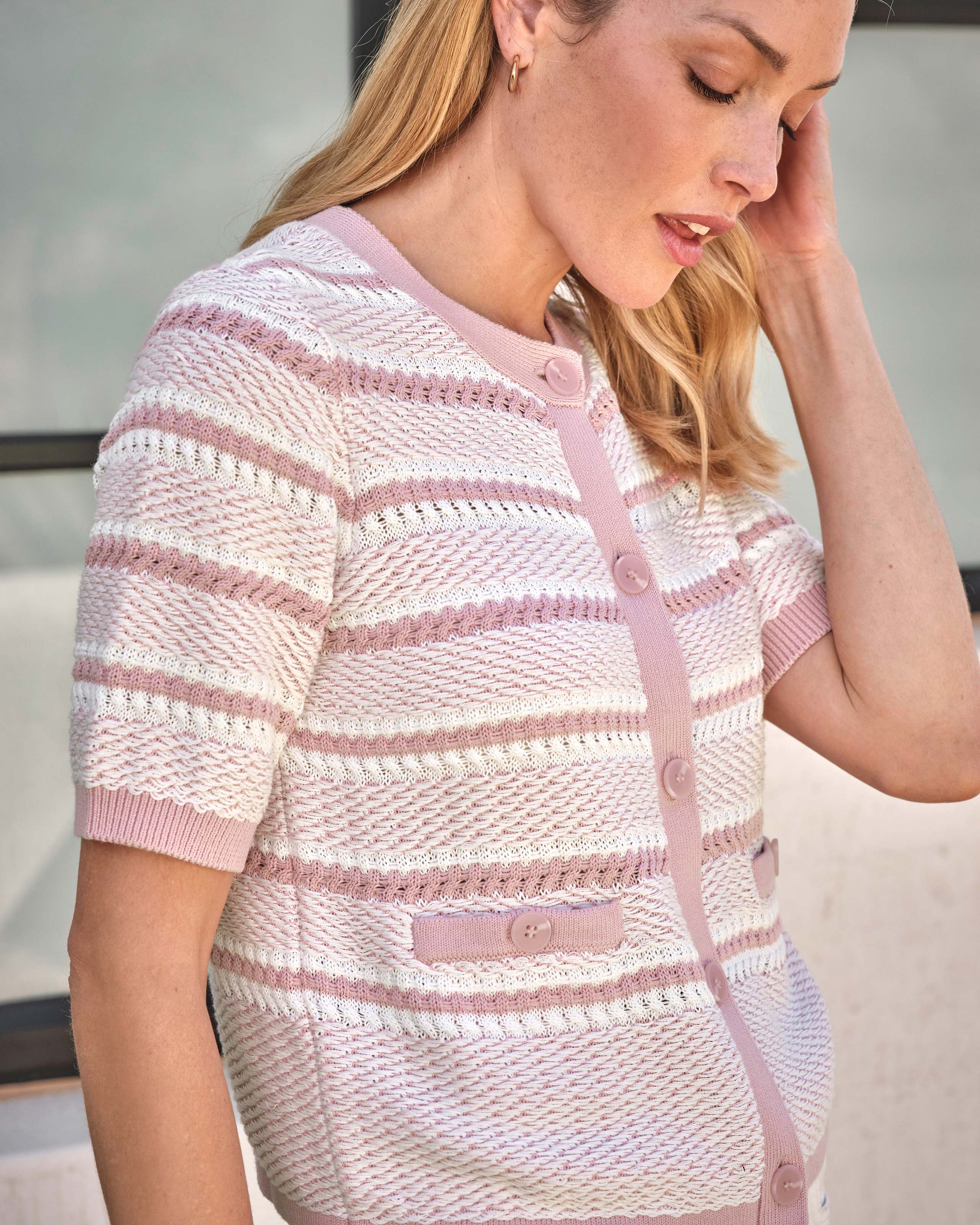 White/Pink | Cotton Textured Short Sleeve Stripe Cardigan | Pure Collection