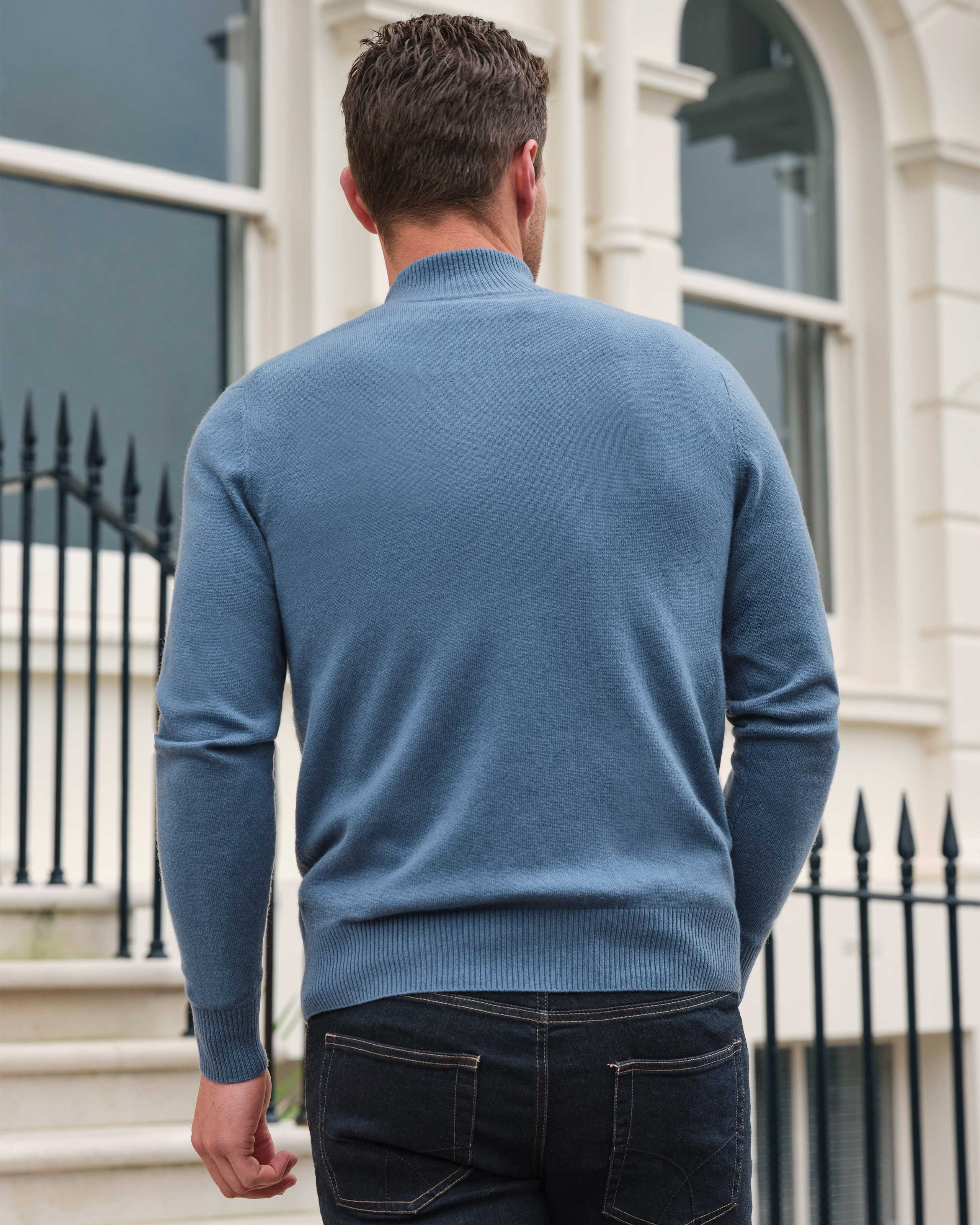 Slate Blue | Mens Cashmere Zip Neck Sweater | Pure Collection