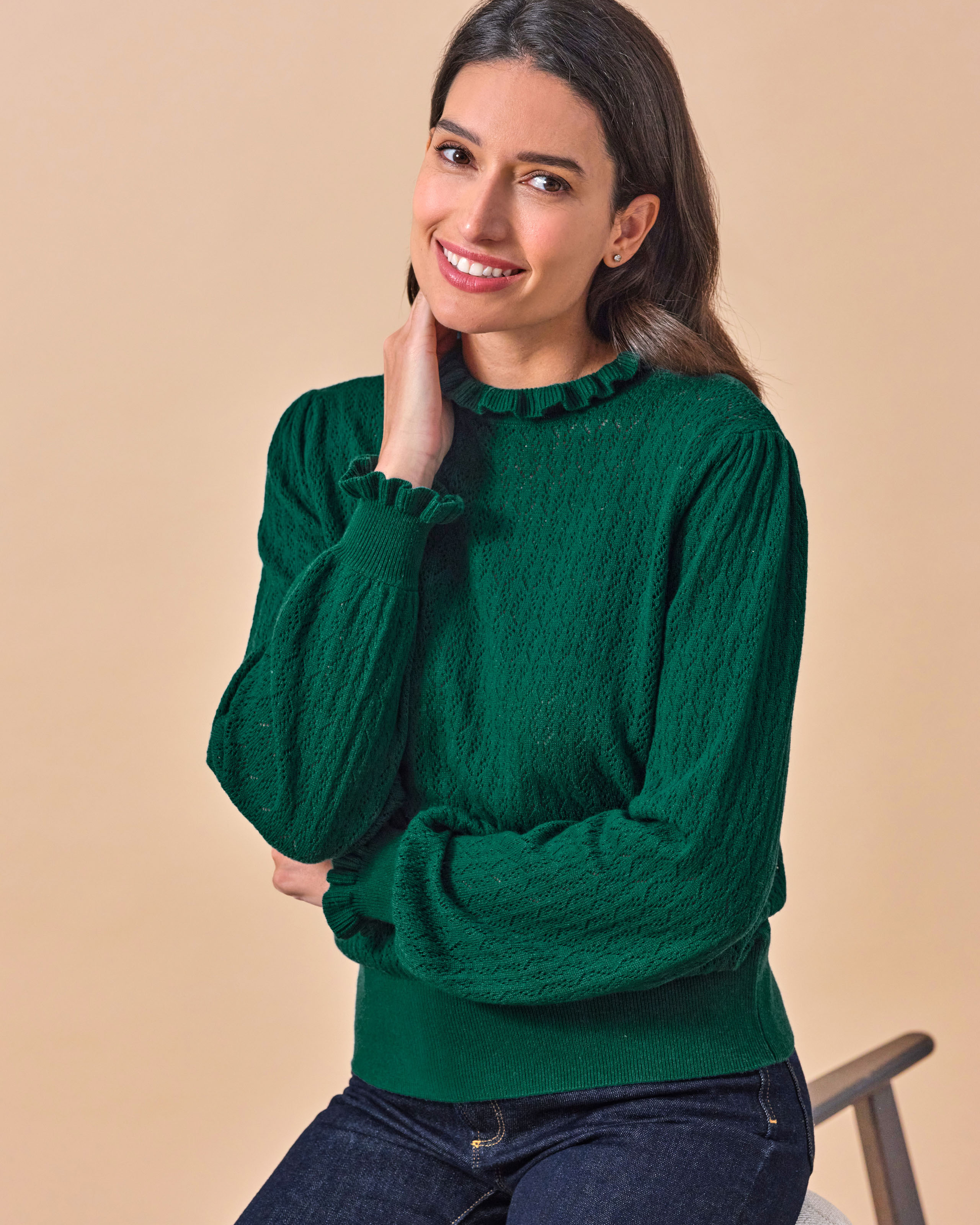 Malachite Green | Lacy Frill Collar Viscose Blend Sweater | Pure Collection