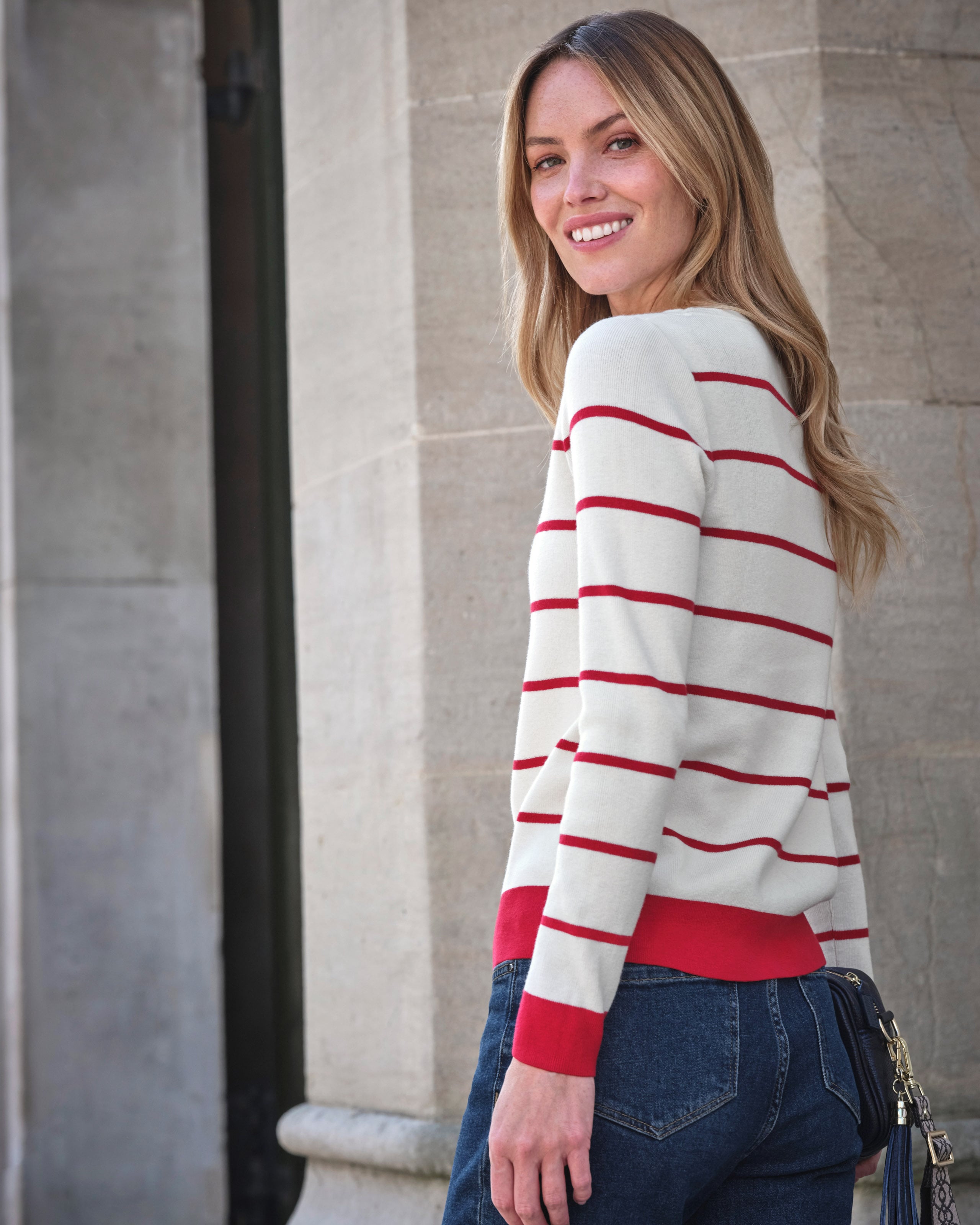 Red/Ivory | Cotton Wool Striped Boat Neck Jumper | Pure Collection