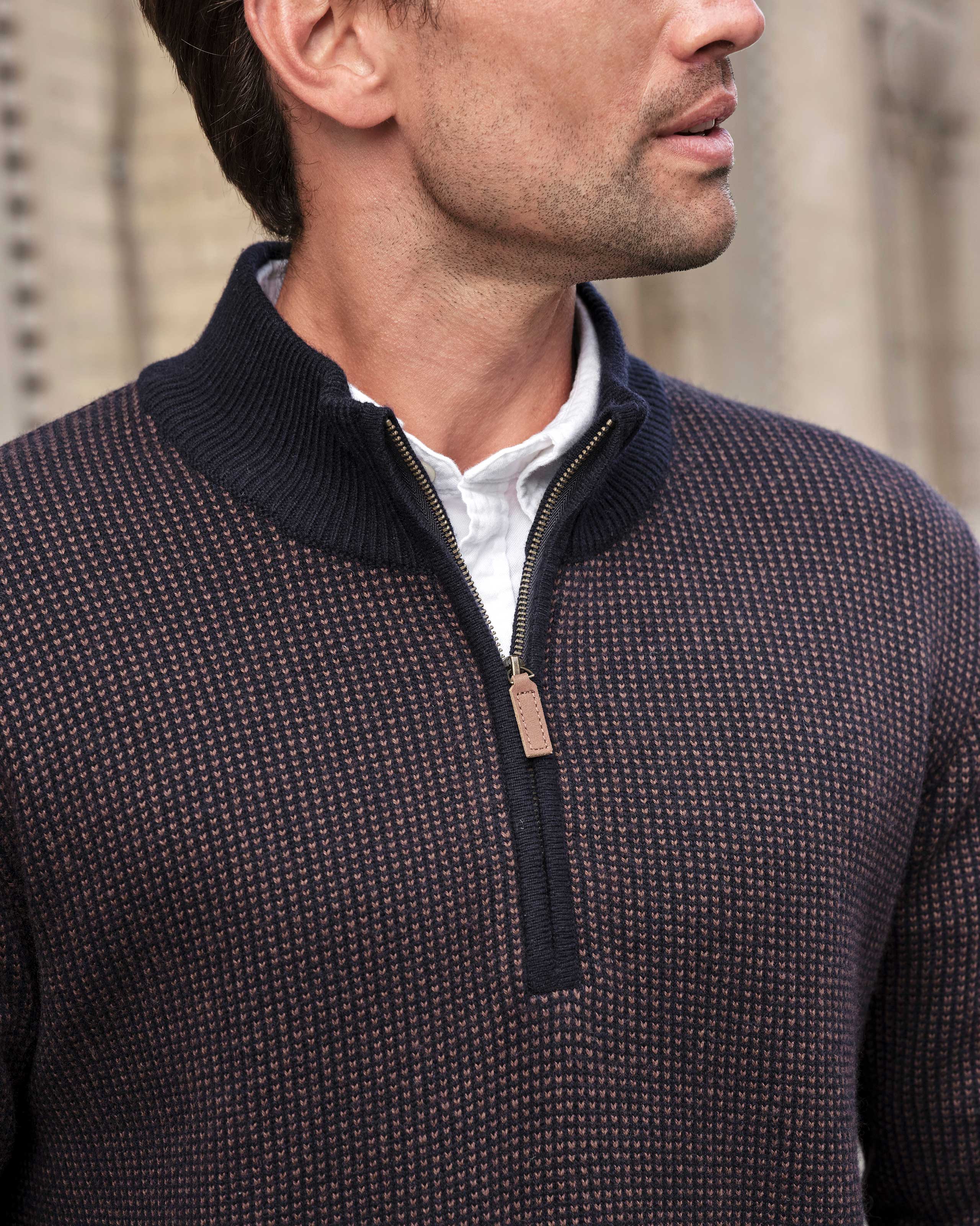 Navy/Tan | Birdseye 1/2 Zip Sweater | Pure Collection