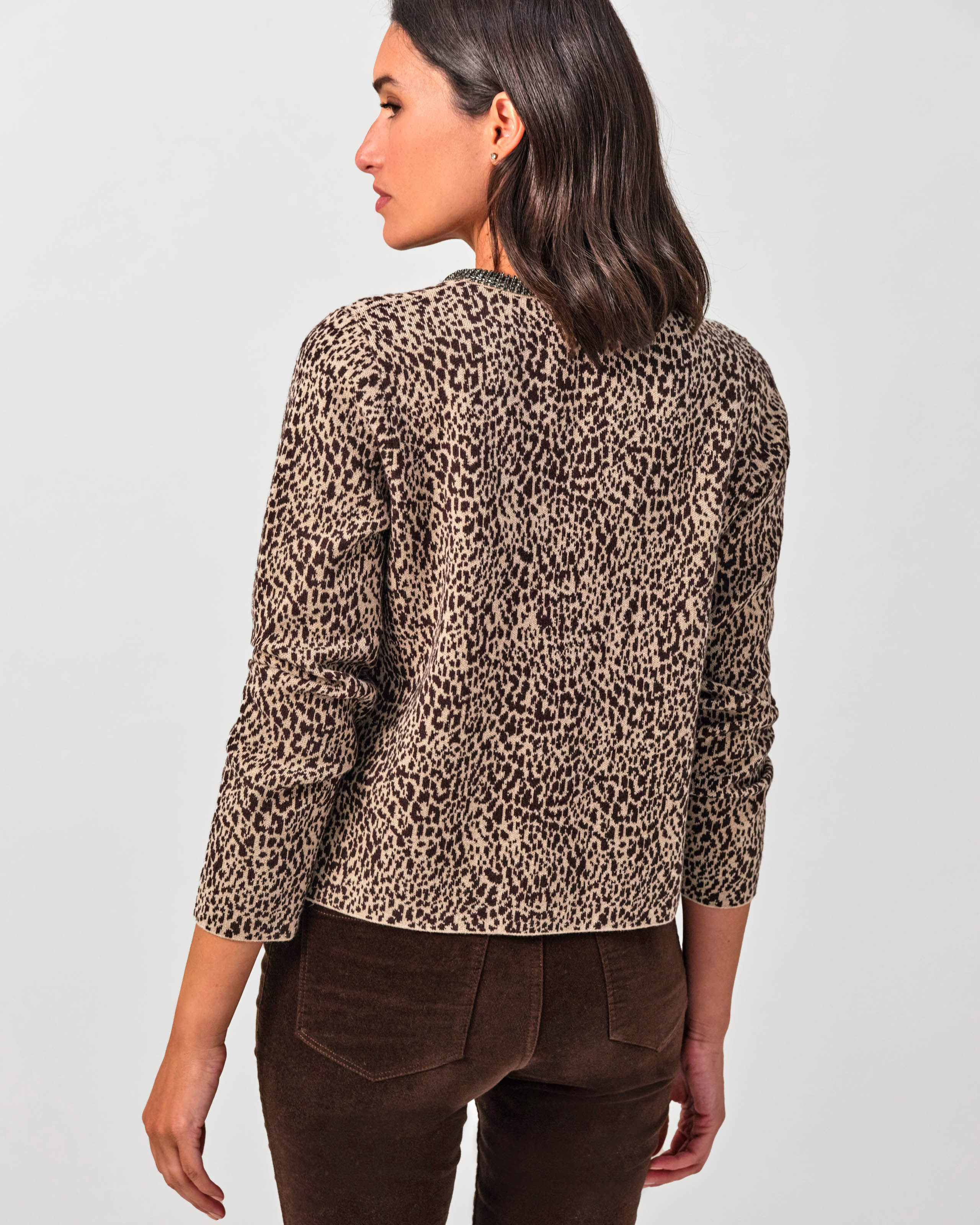 Mocha/Neutral | Animal Knitted Jacket With Trim | Pure Collection