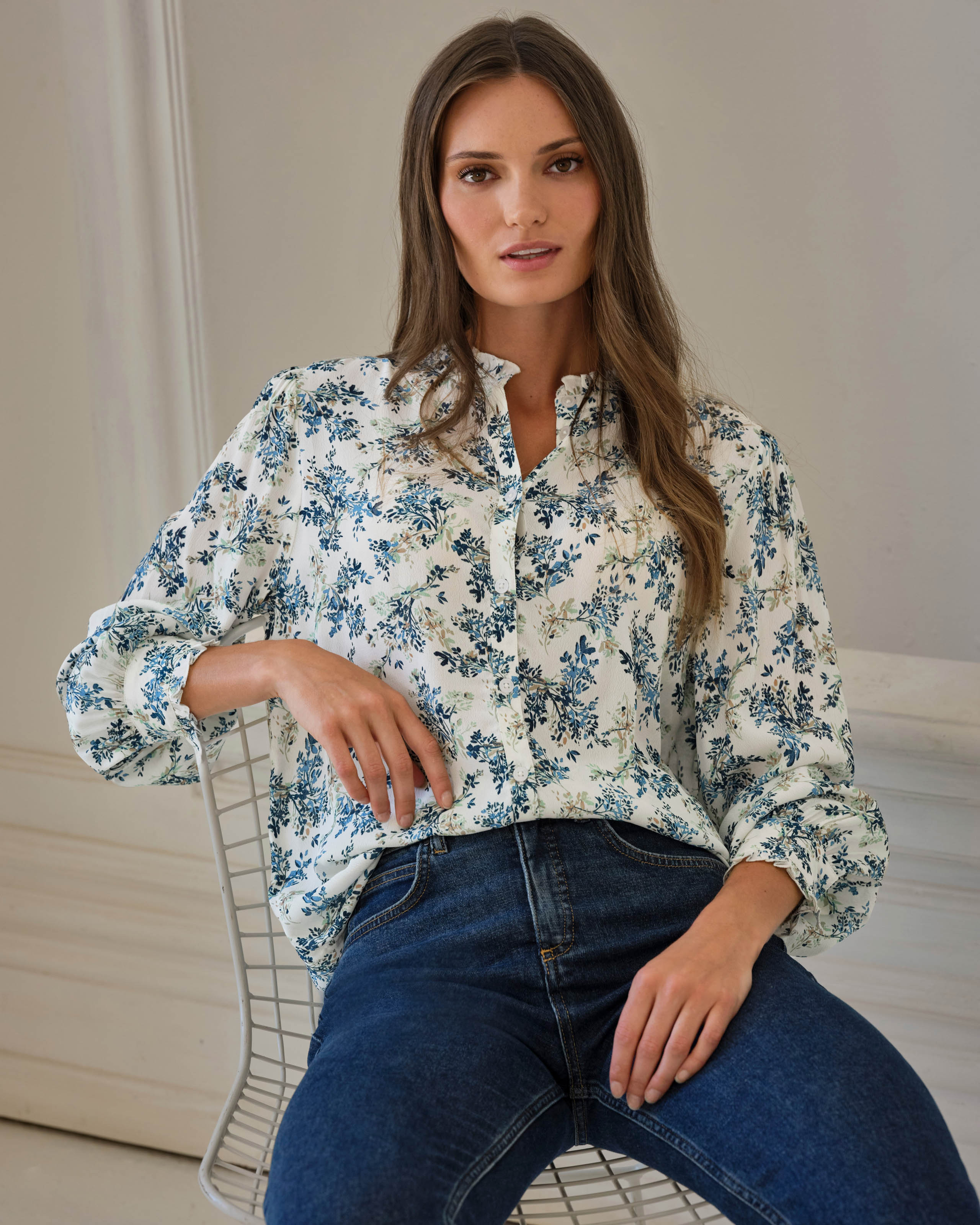 Botanical Leaf | Frill Neck Detail Blouse | Pure Collection