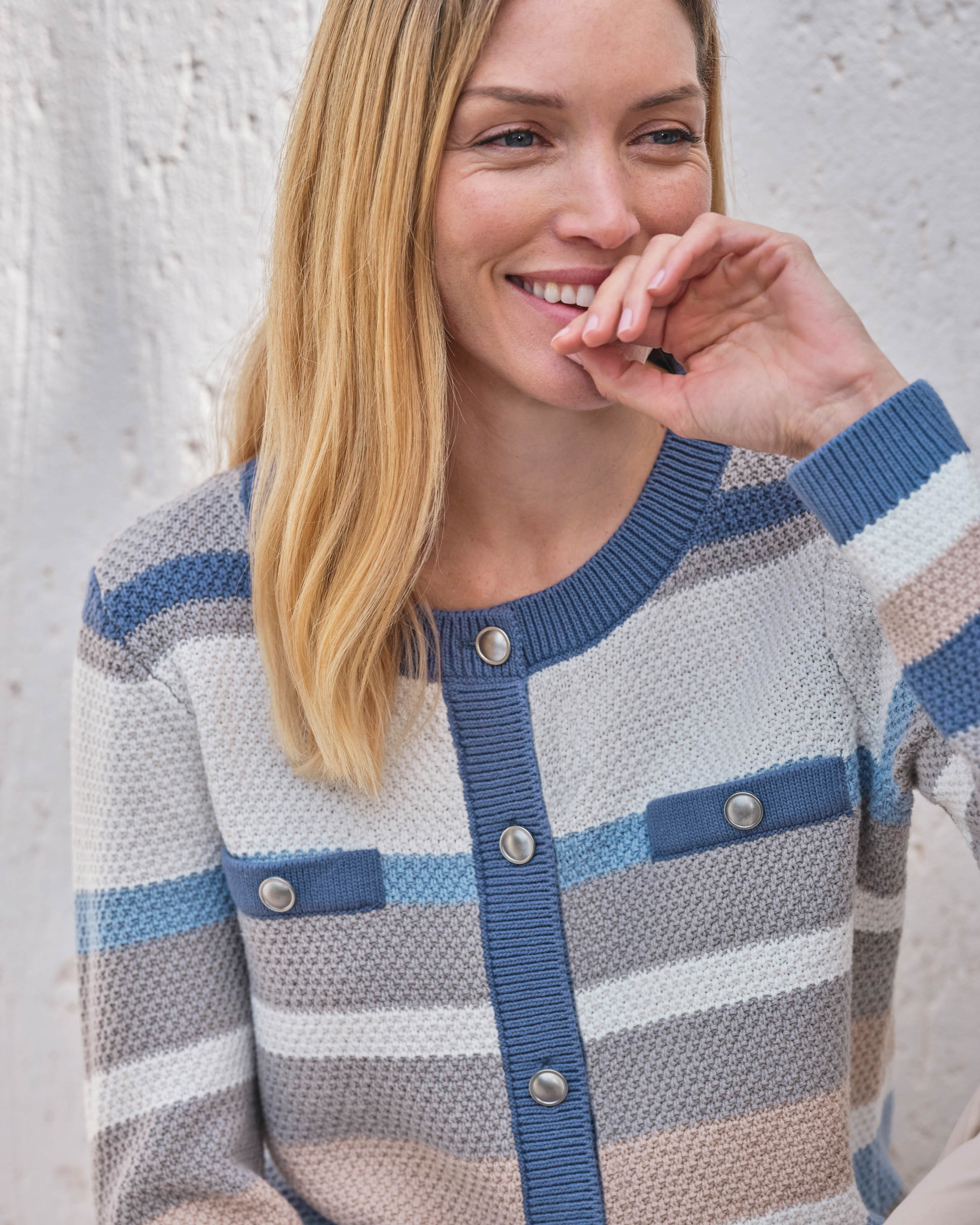 Blue Multi | Cotton Striped Textured Crew Cardigan | Pure Collection