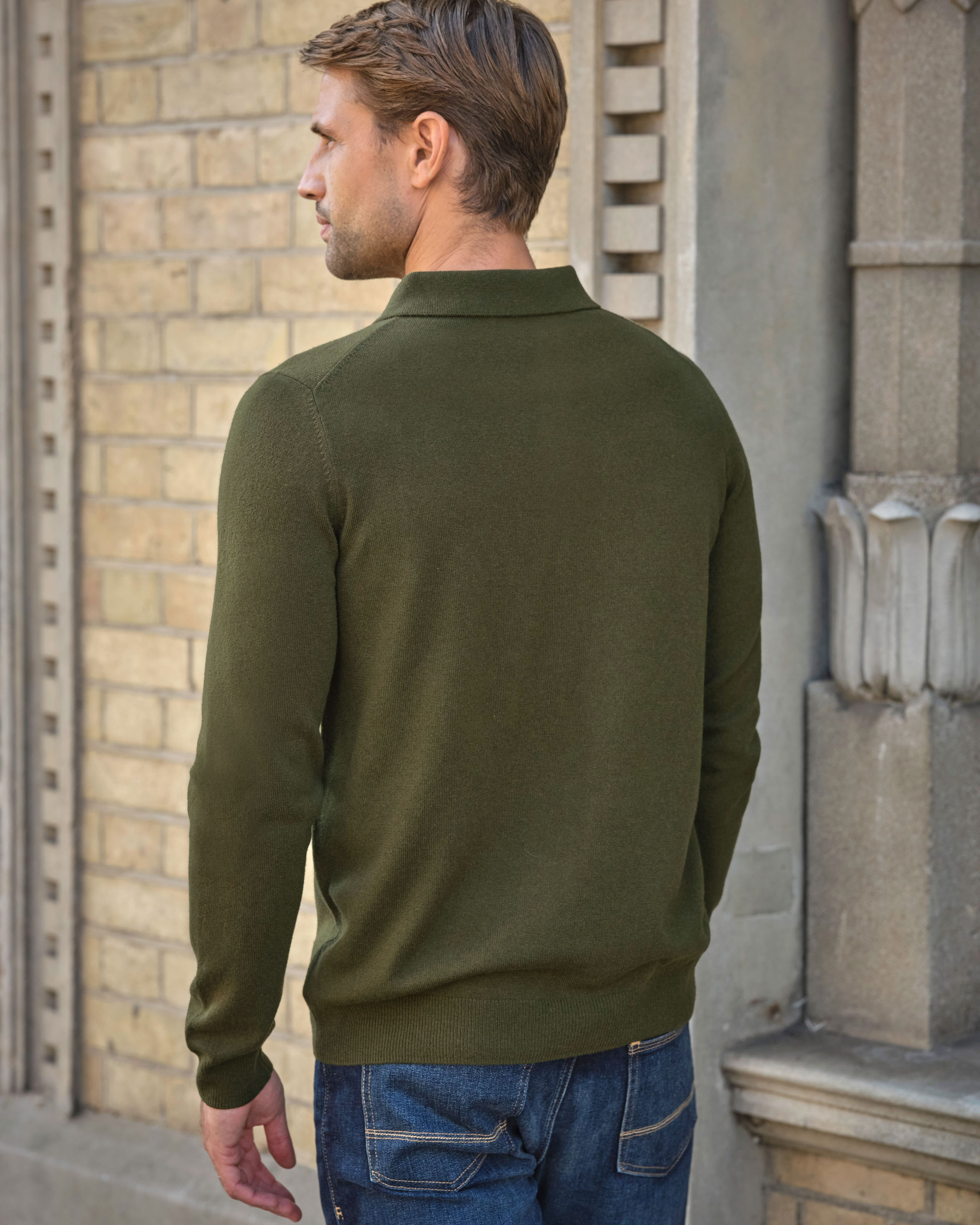 Deep Khaki | Cashmere Blend Long Sleeve Polo Shirt | Pure Collection