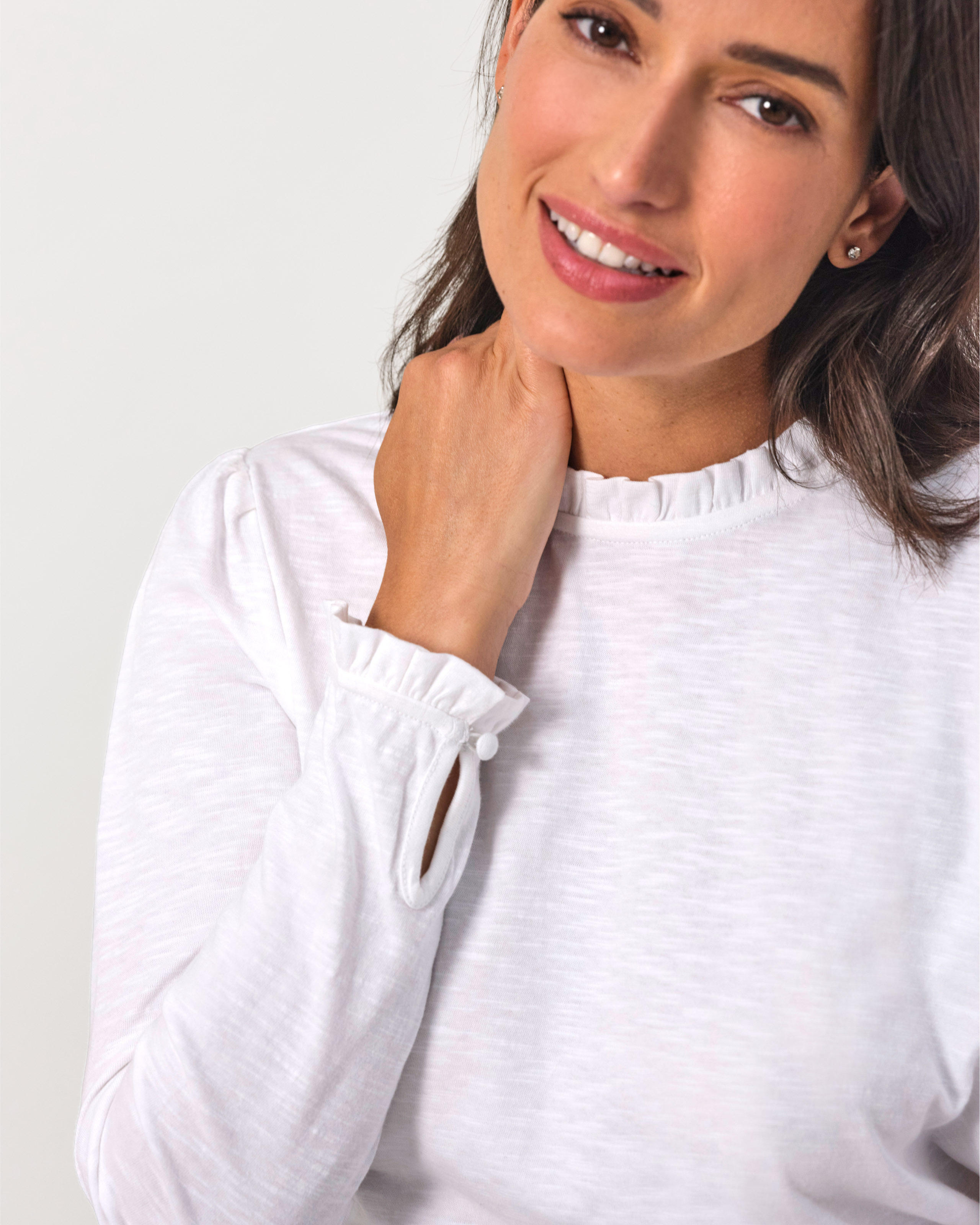White | Ruffle Neck Jersey Top | Pure Collection