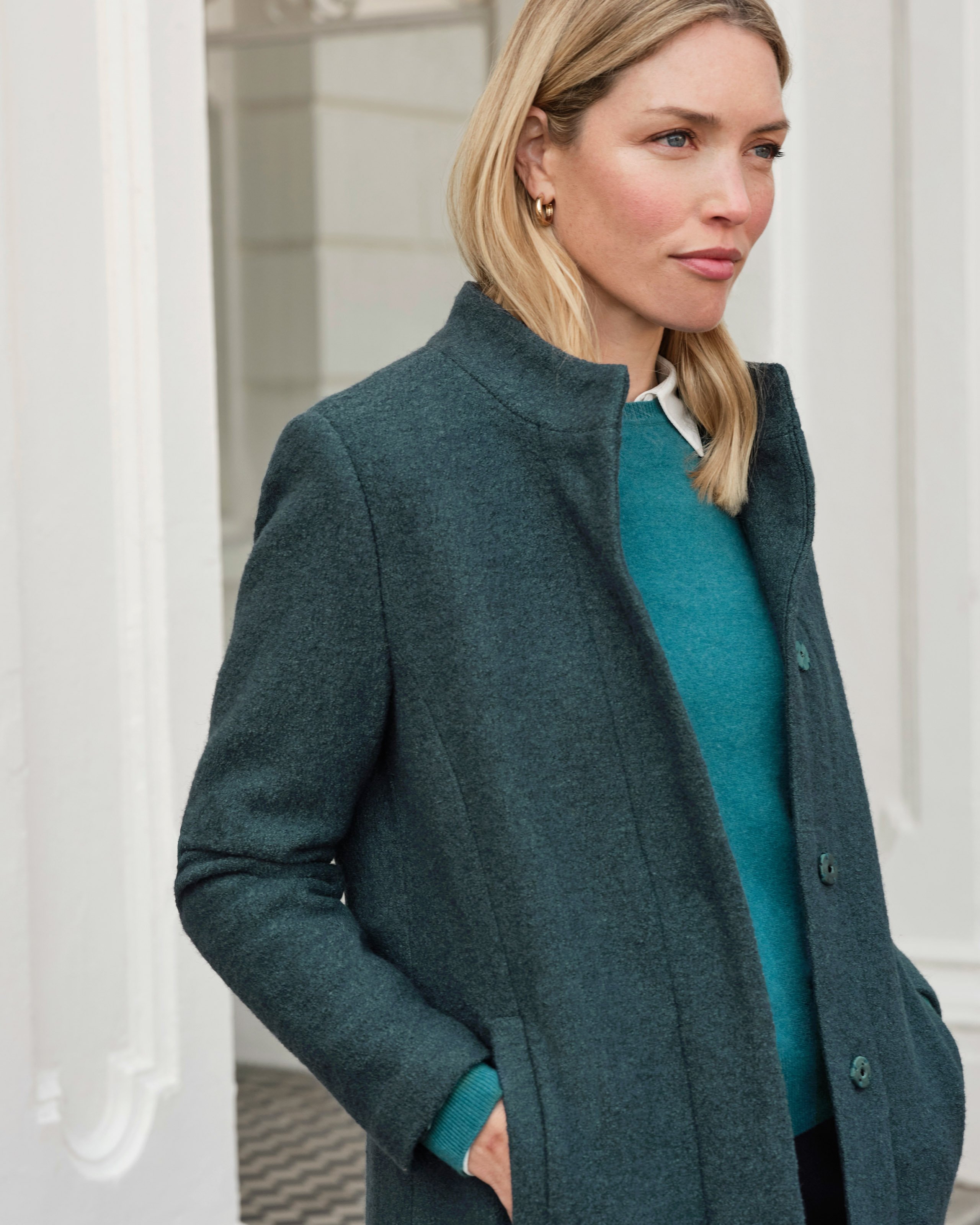 Forest | Boucle Textured Wool Funnel Neck Coat | Pure Collection