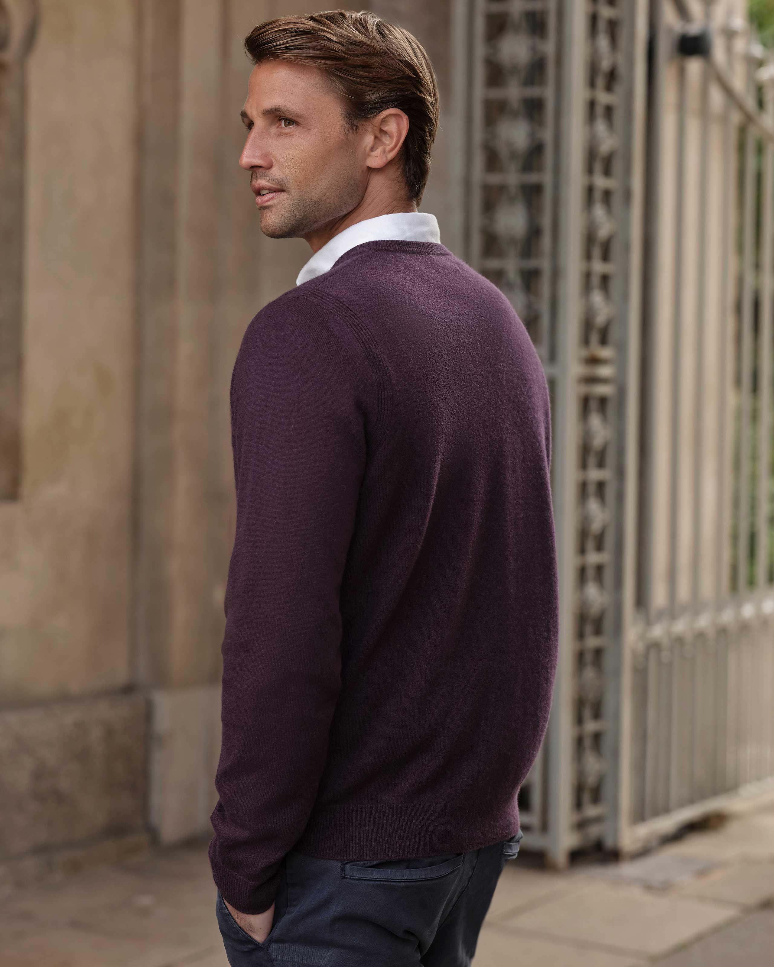 Deep Mulberry | Mens Cashmere V Sweater | Pure Collection