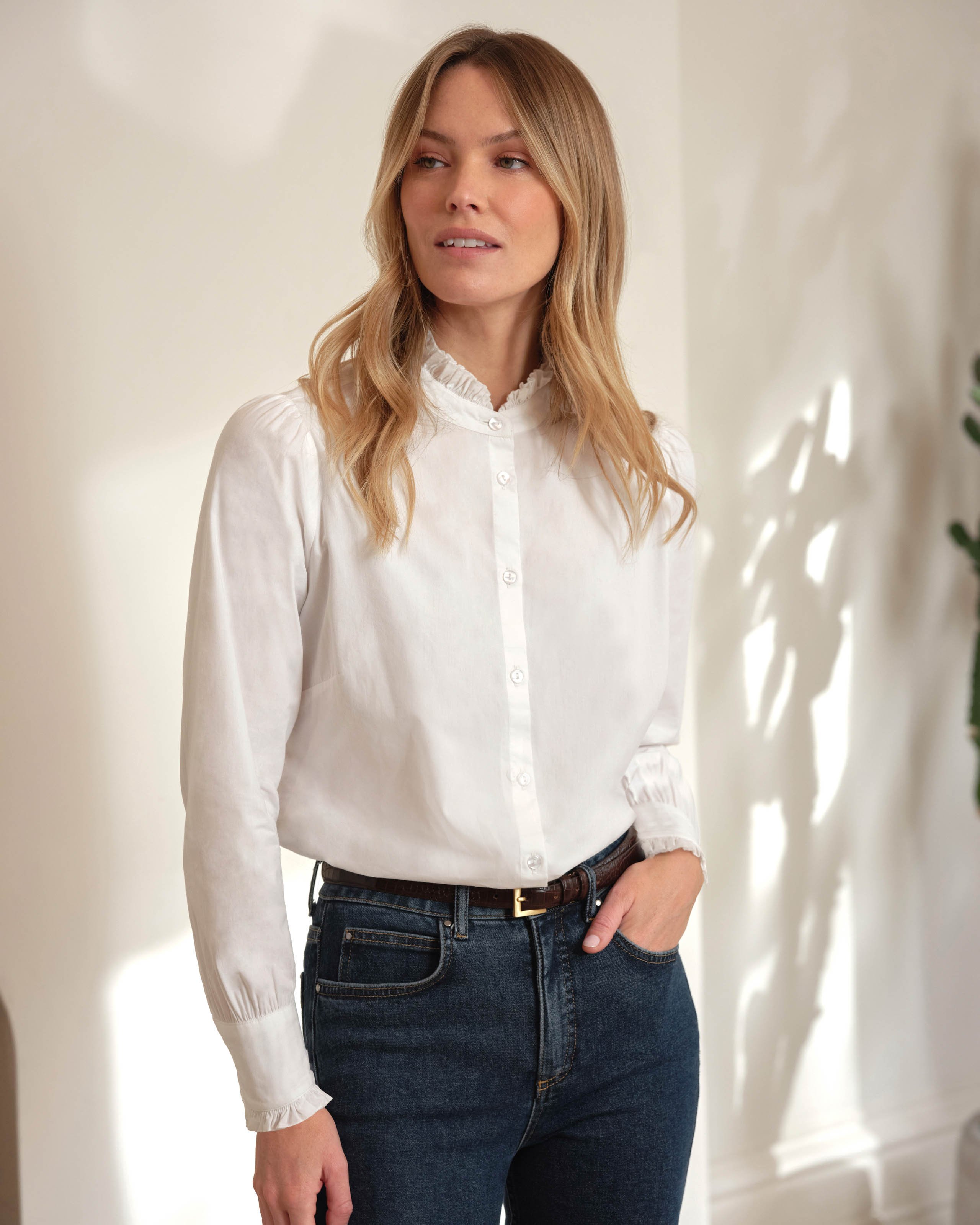 White | Cotton Frill Neck Shirt | Pure Collection