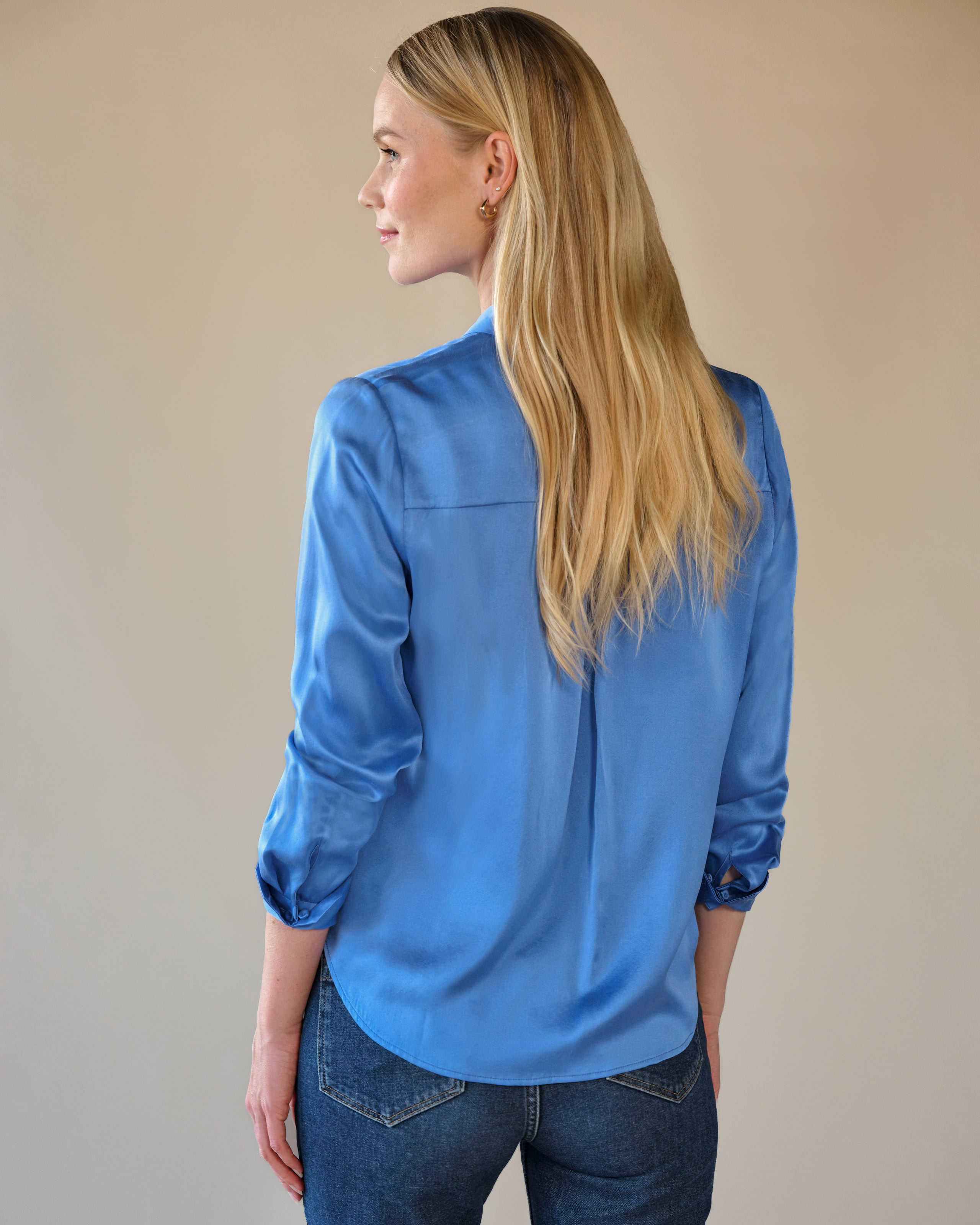 Cornflower | Sand Washed Pure Silk Satin Blouse | Pure Collection