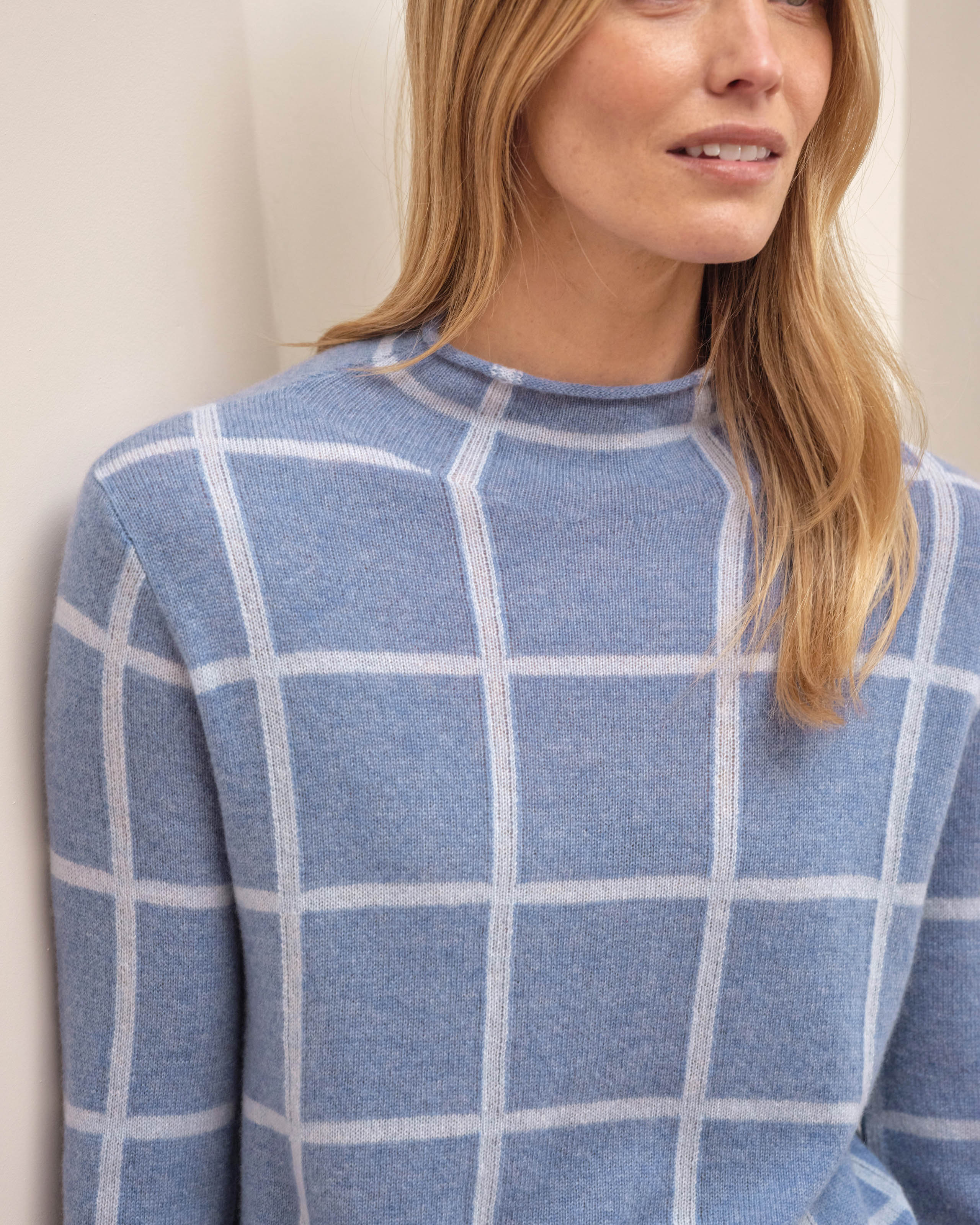 Denim Chambray Soft White | Gassato Checked Sweater | Pure Collection