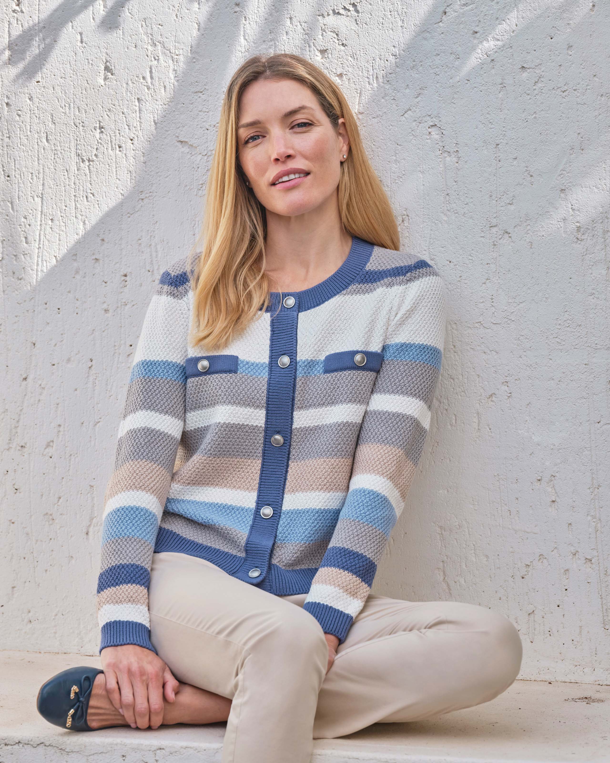 Blue Multi | Cotton Striped Textured Crew Cardigan | Pure Collection