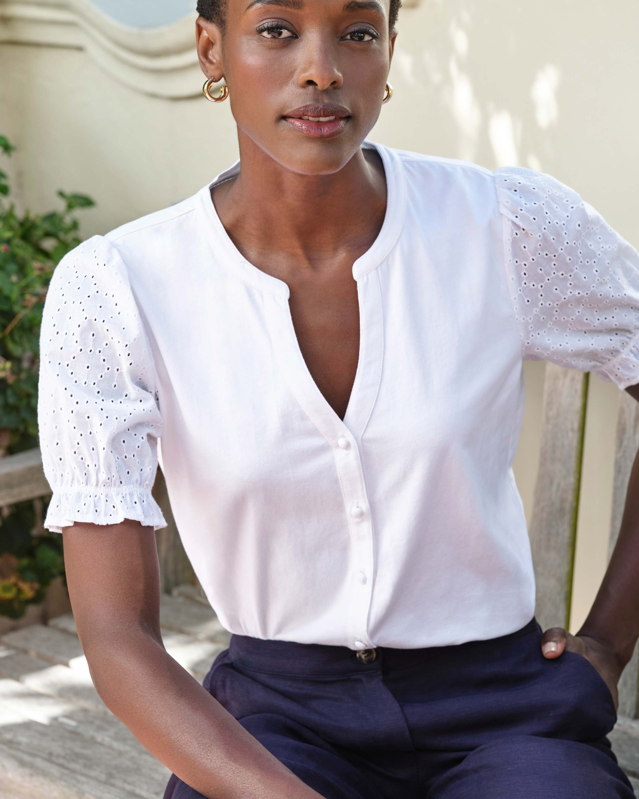 White | 1/2 Sleeve Broderie Blouse | Pure Collection