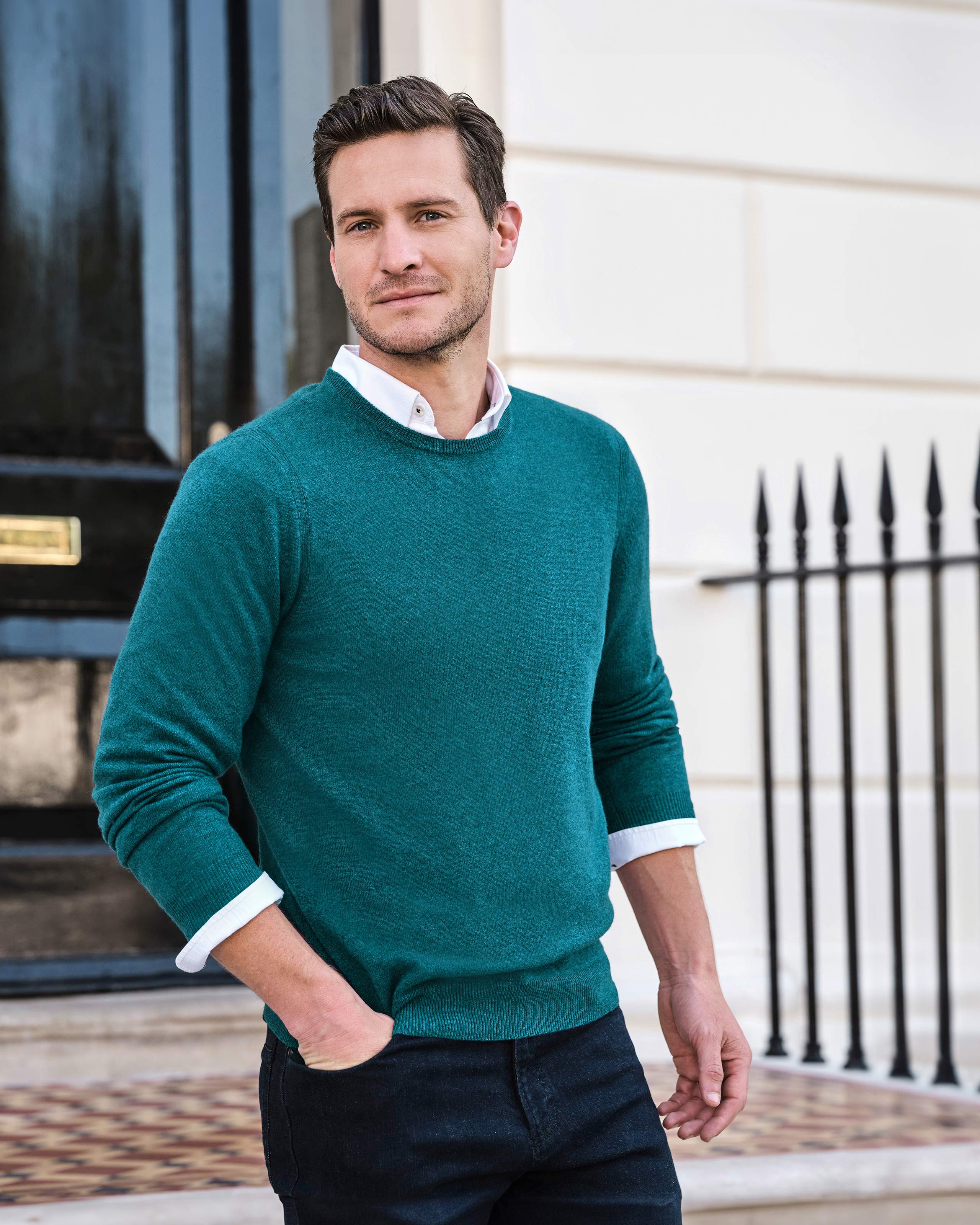 Heather Teal | Mens Cashmere Crew Sweater | Pure Collection