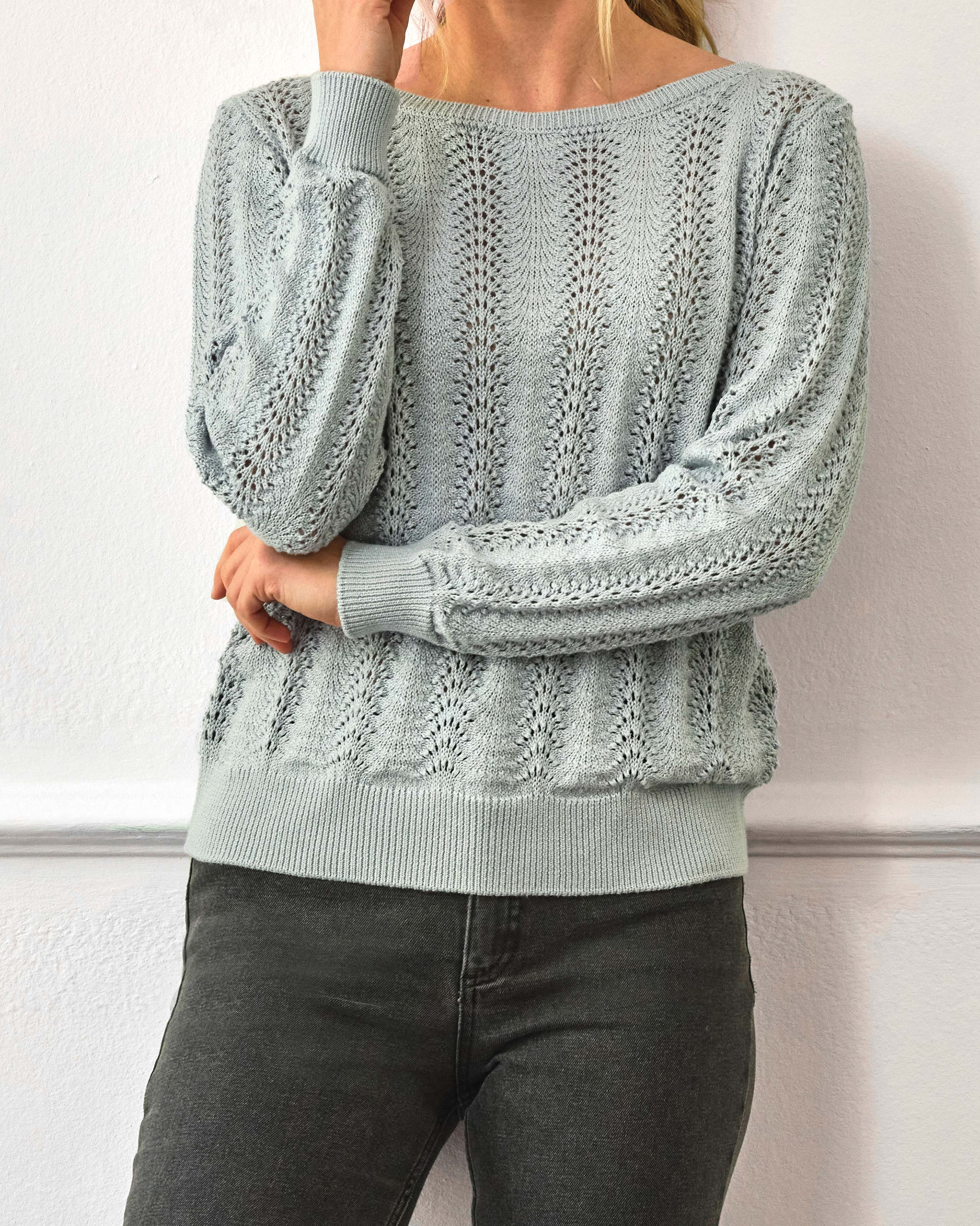 Ice Blue | Cotton Sparkle Fan Stitch Jumper With Gross Grain Tie | Pure ...