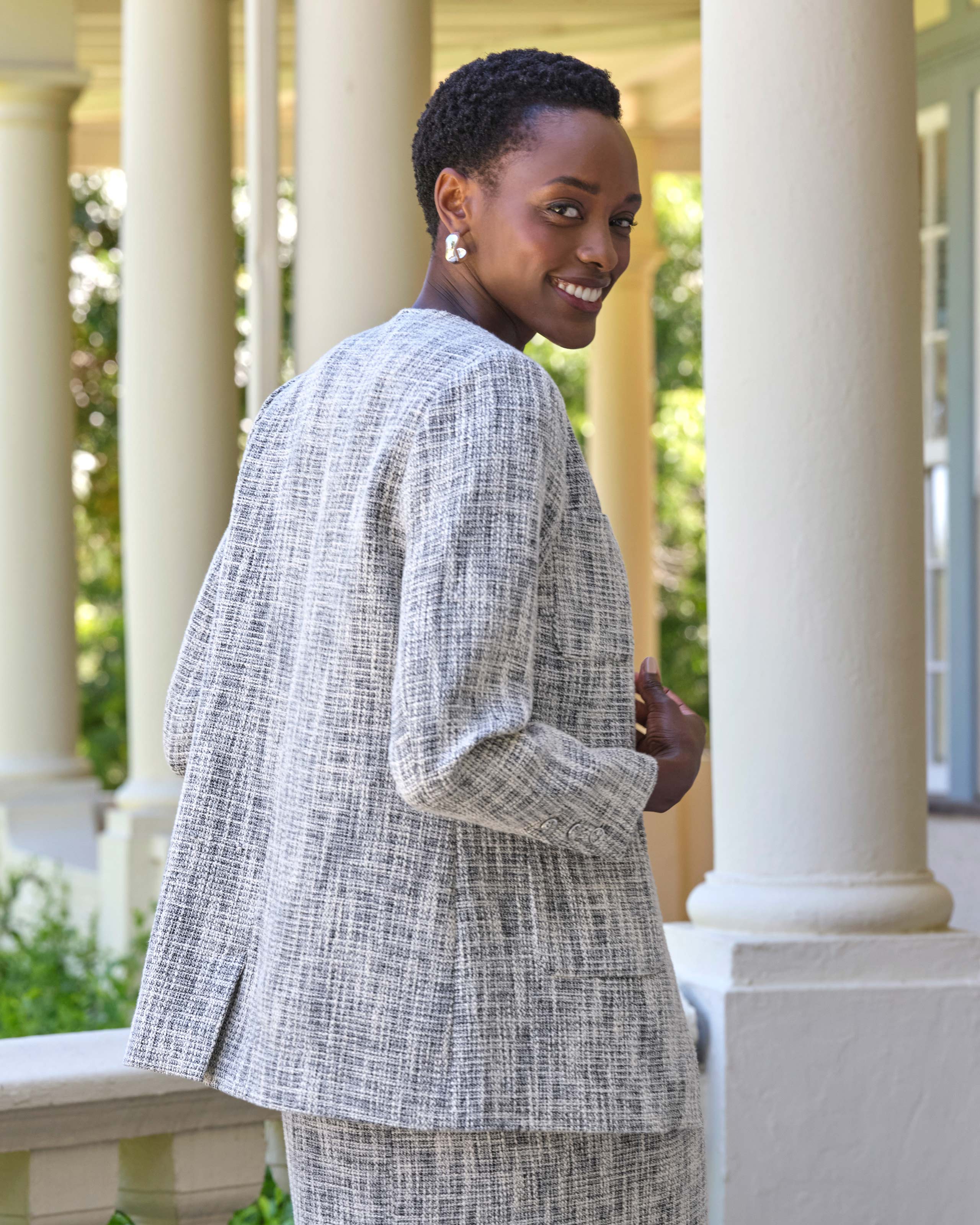 Grey Texture | Cotton Blend Longline Collarless Jacket | Pure Collection