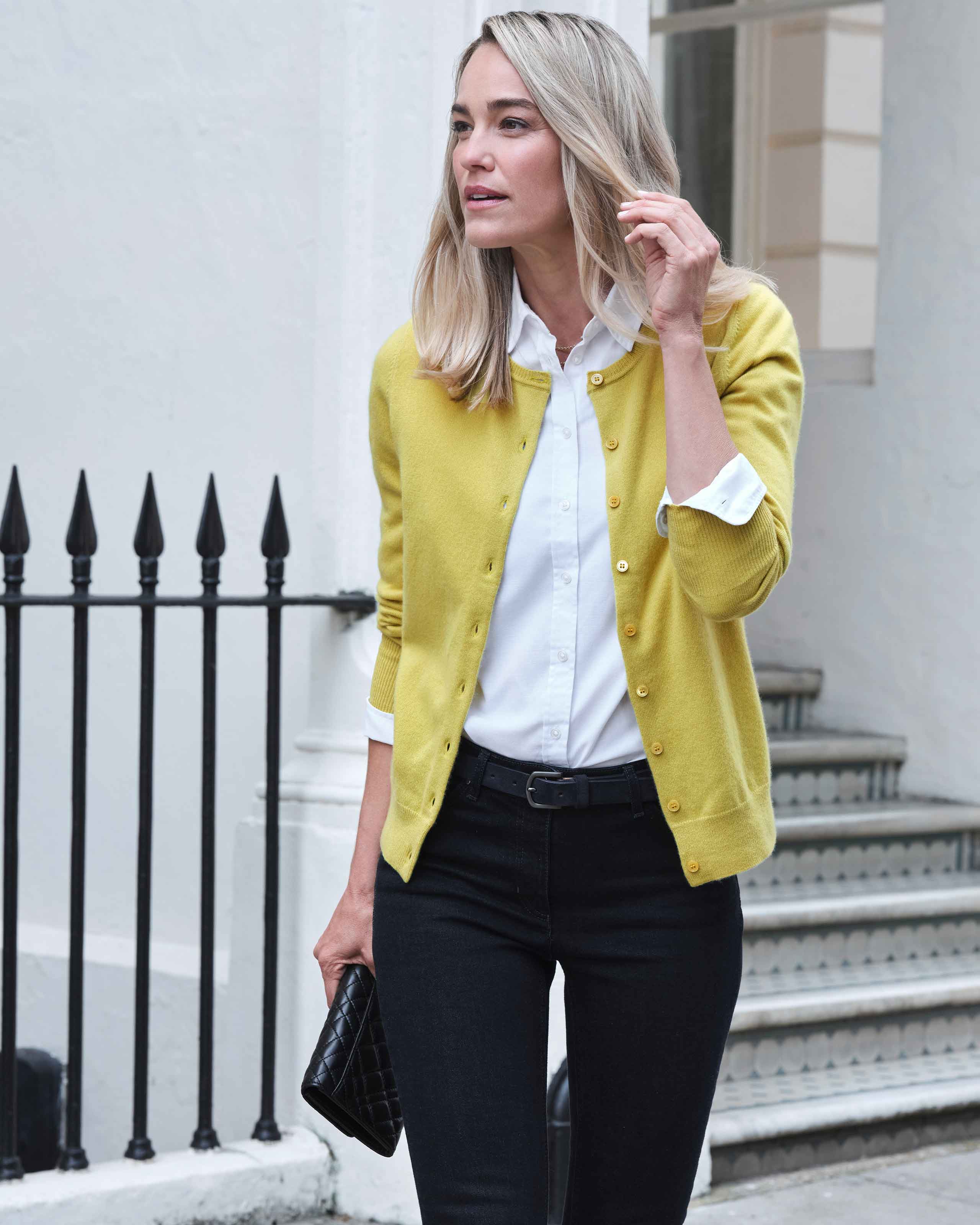 Chartreuse | Cashmere Crew Neck Cardigan | Pure Collection