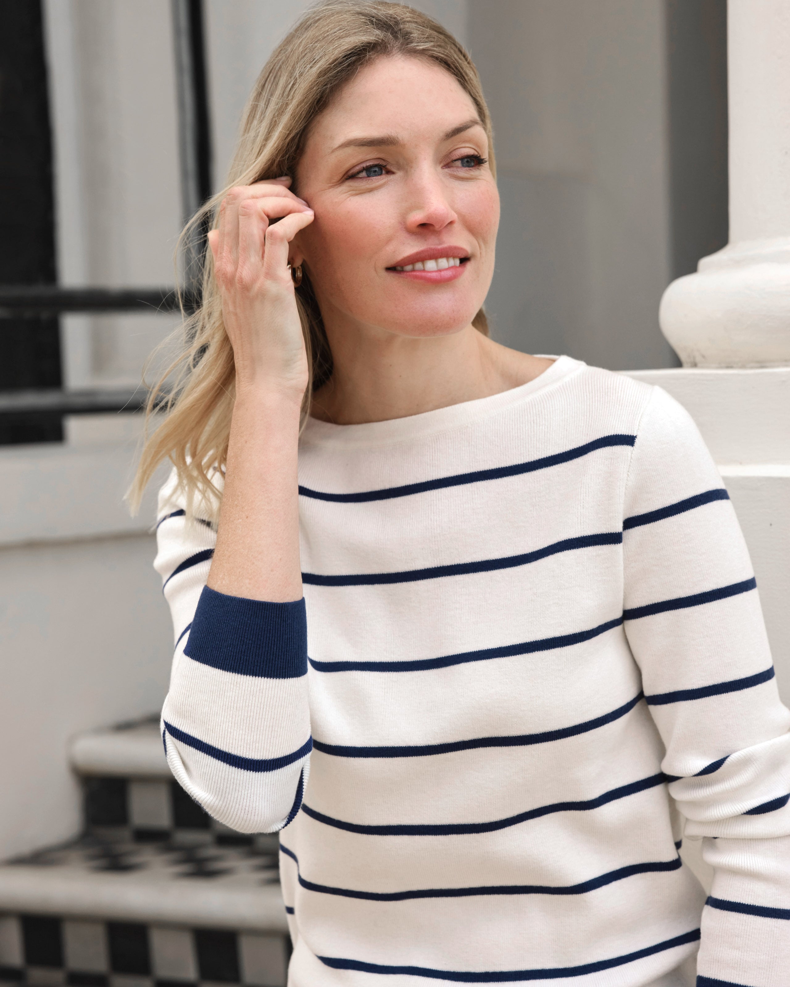 Navy/Ivory | Cotton Wool Striped Boat Neck Jumper | Pure Collection