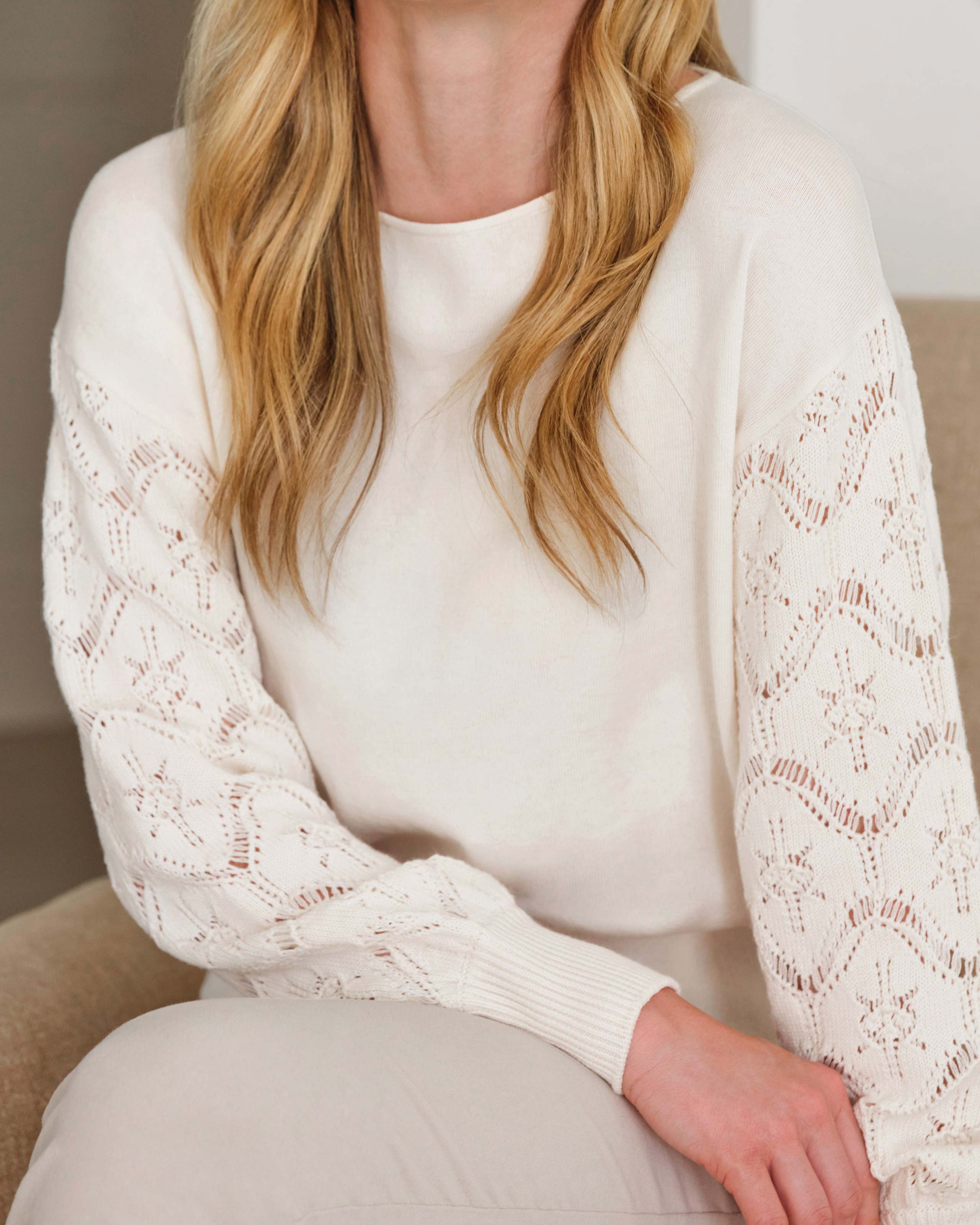 Alabaster | Wool Blend Crochet Sleeve Sweater | Pure Collection