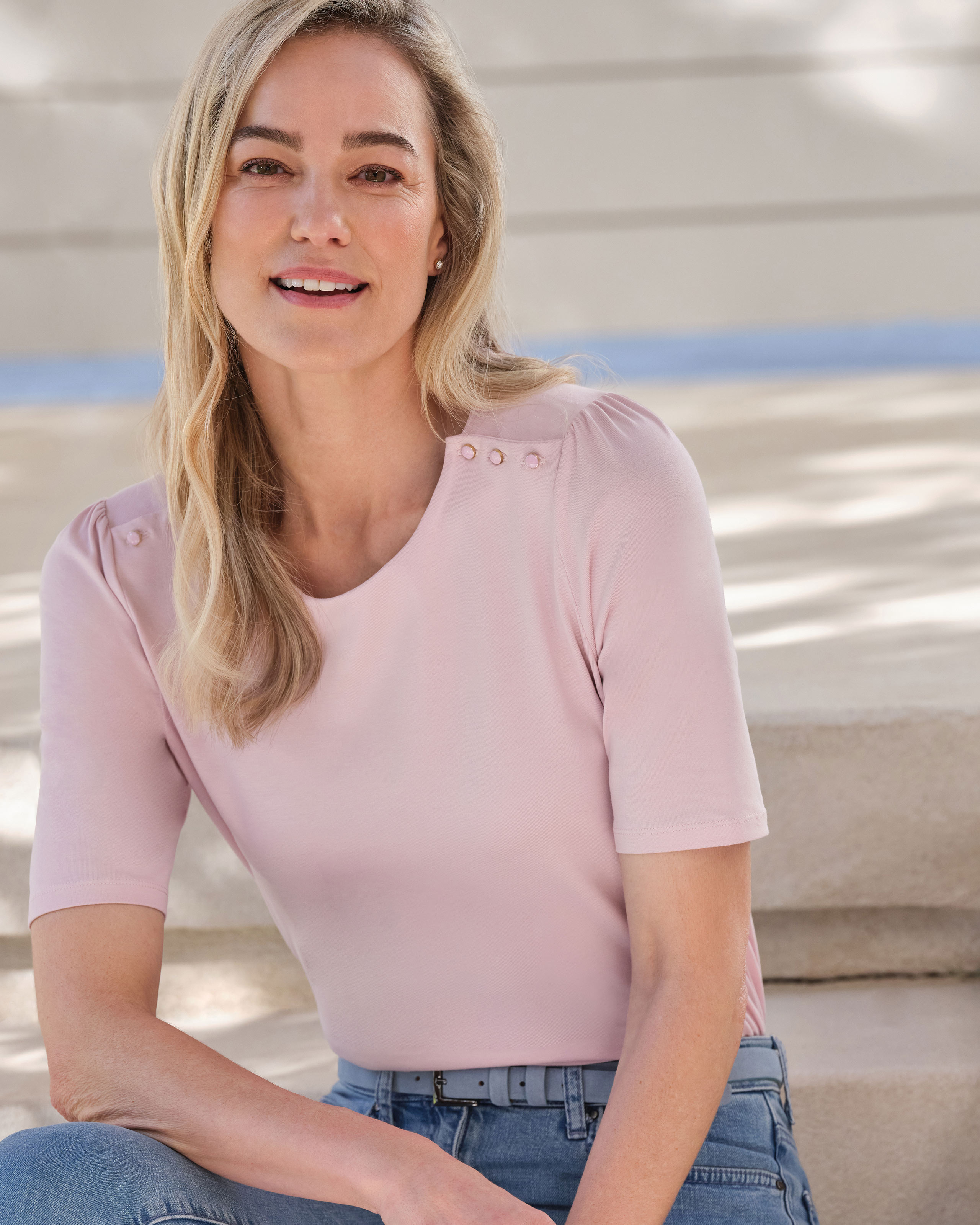 Pink | Button Detail Jersey Top | Pure Collection