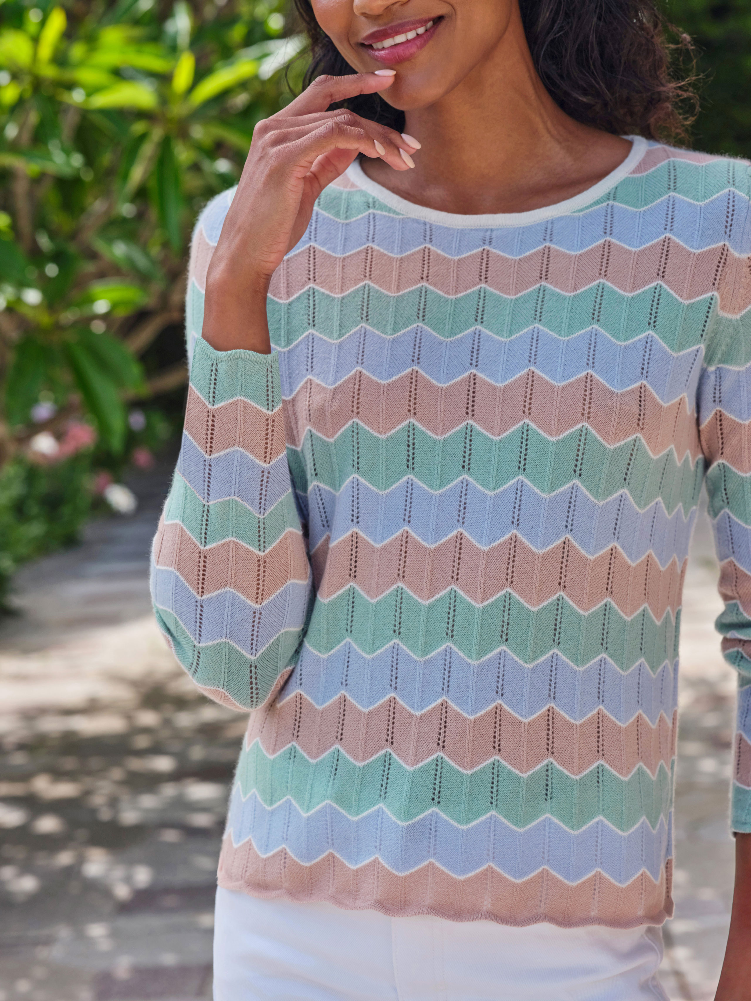 Blue/Green | Cashmere Multi Zig Zag Stripe Sweater | Pure Collection