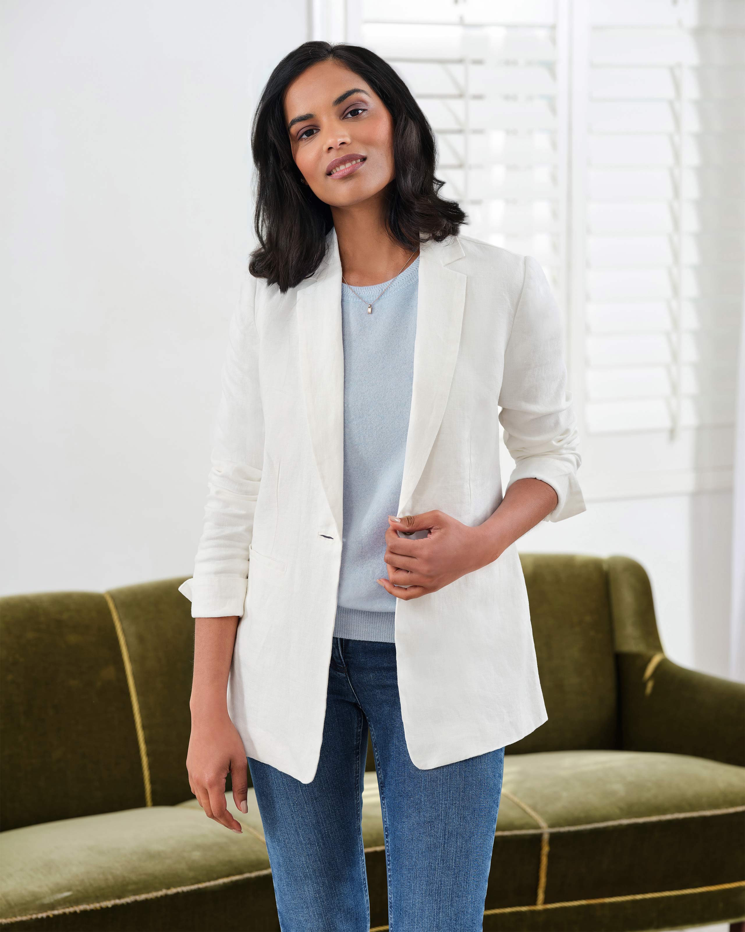 Ivory | Longline Linen Blazer | Pure Collection