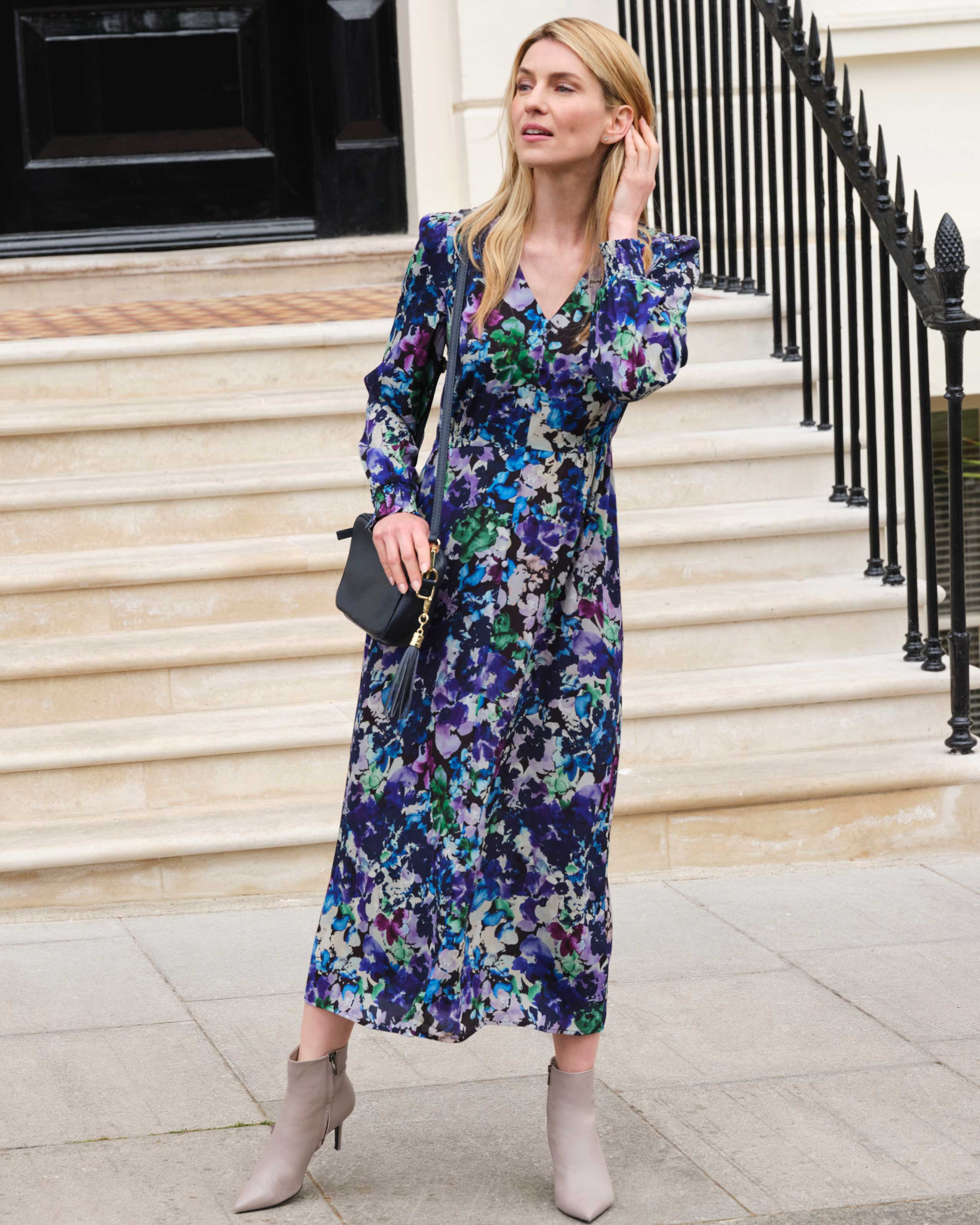 Bloom Print | Shirred Waist Midi Dress | Pure Collection